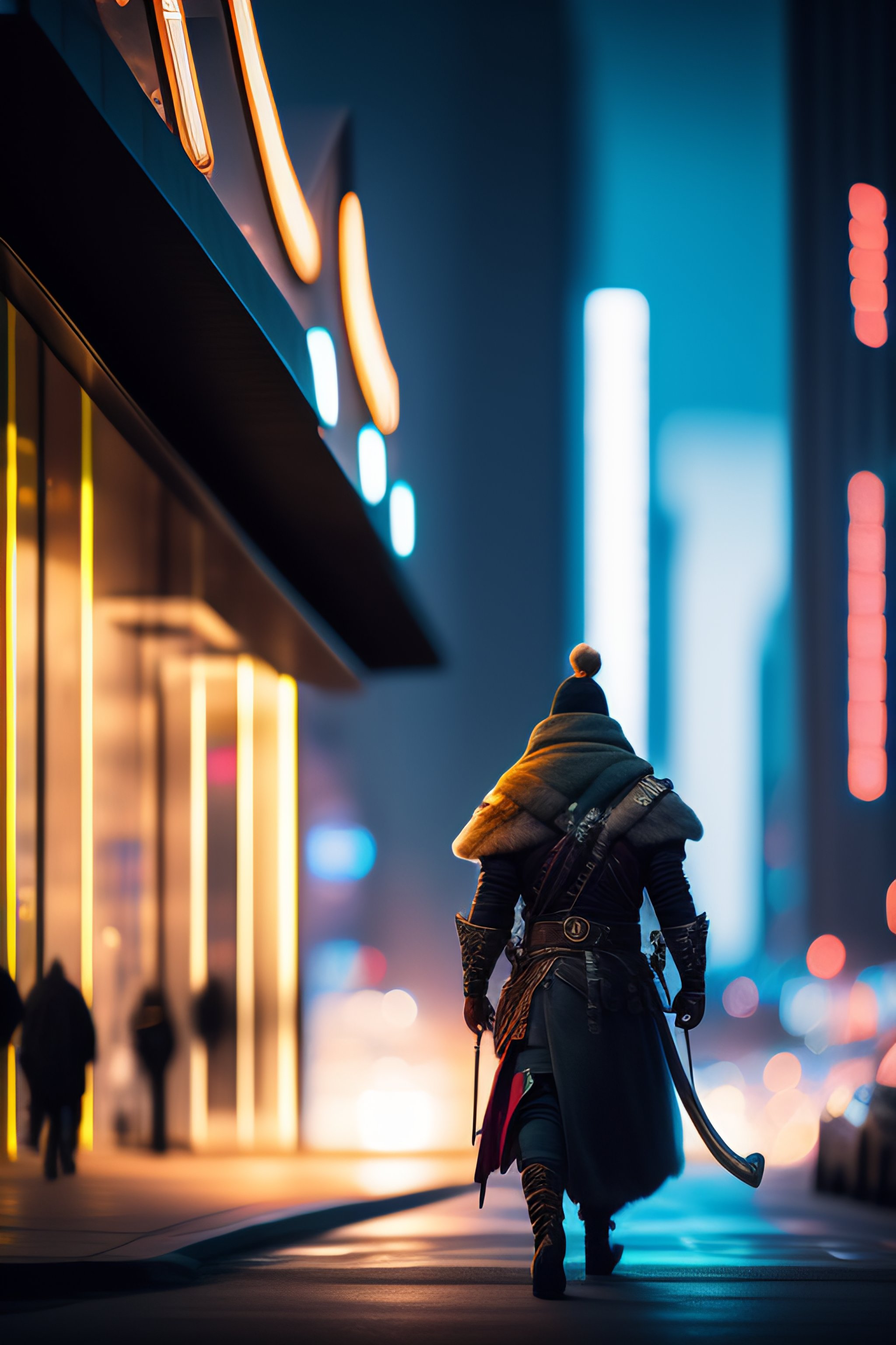 Lexica - Slow shutter speed photo of a cyberpunk ninja viking ...