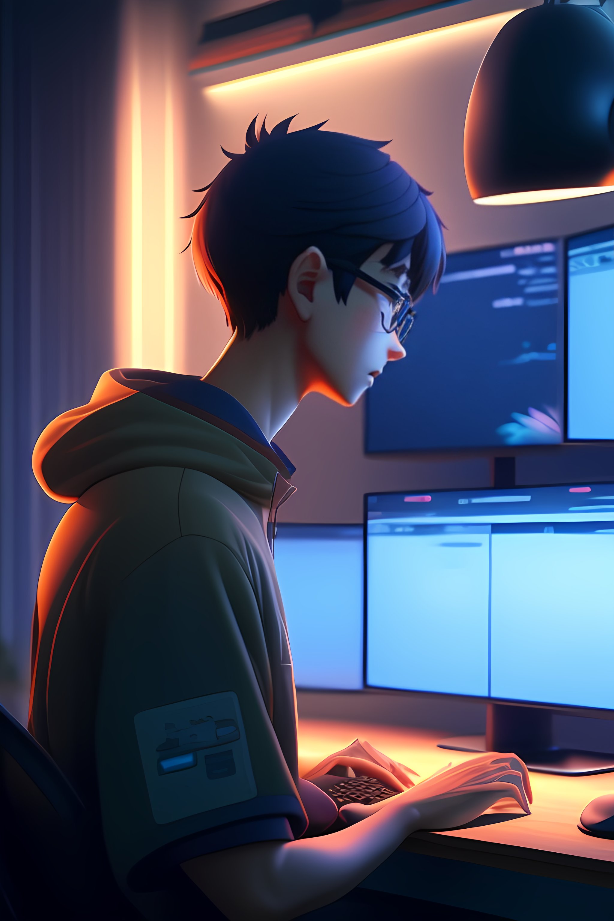 Lexica - A nerdy boy is programming at a computer in a room full of ...