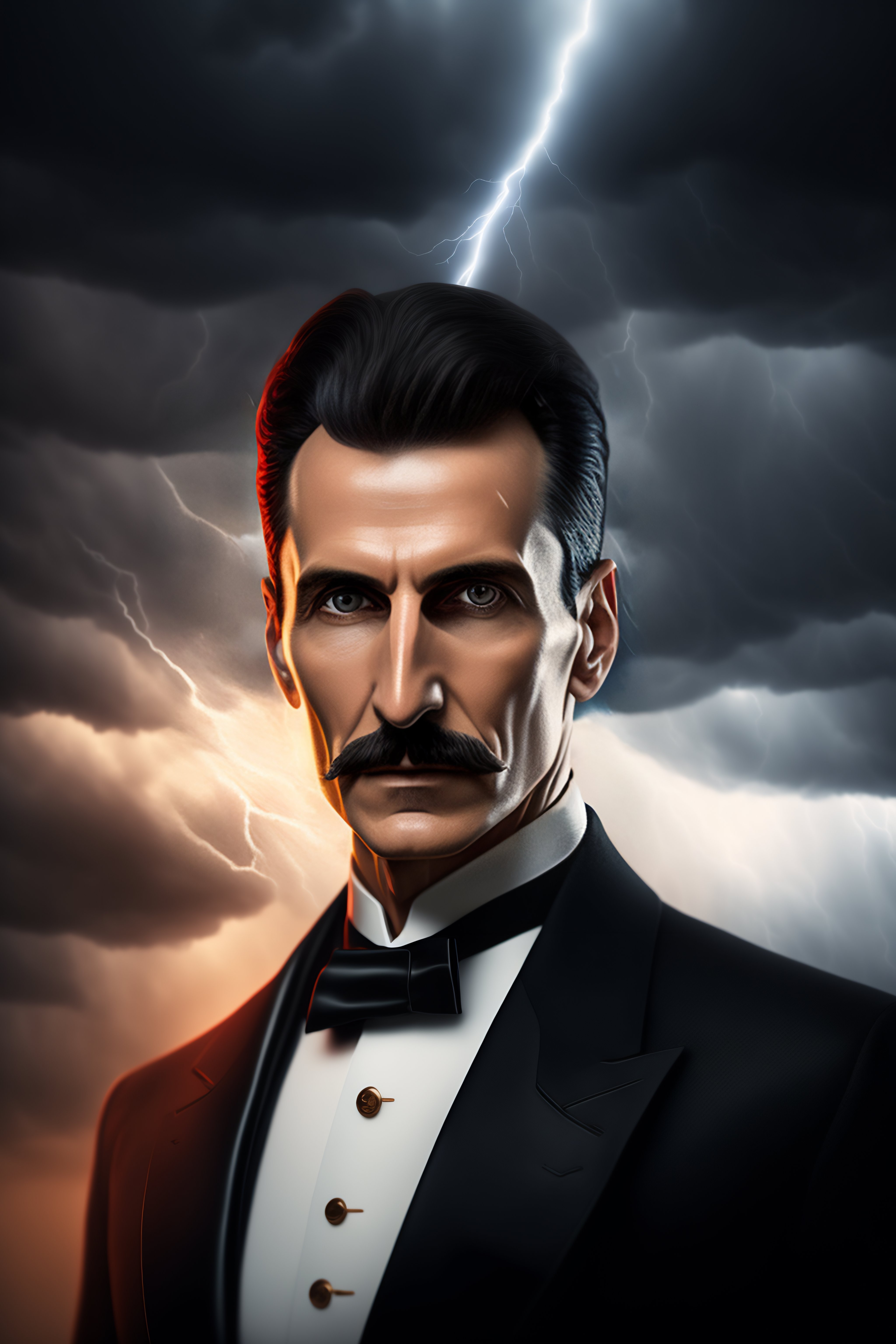 Lexica - Portrait of Nikola Tesla in the background of a thunderstorm ...