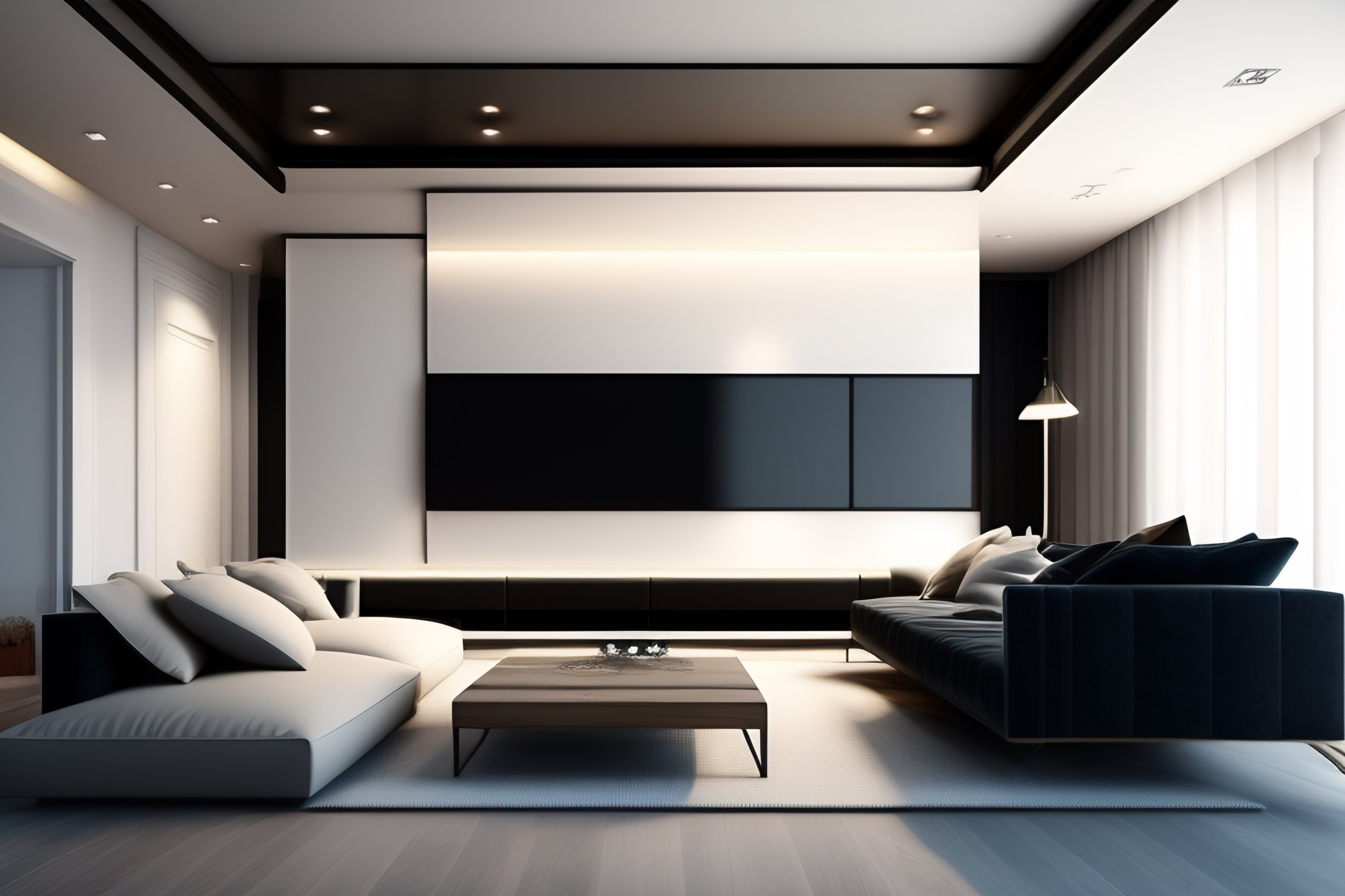 Lexica - A big screen hanging from the ceiling of a design living room
