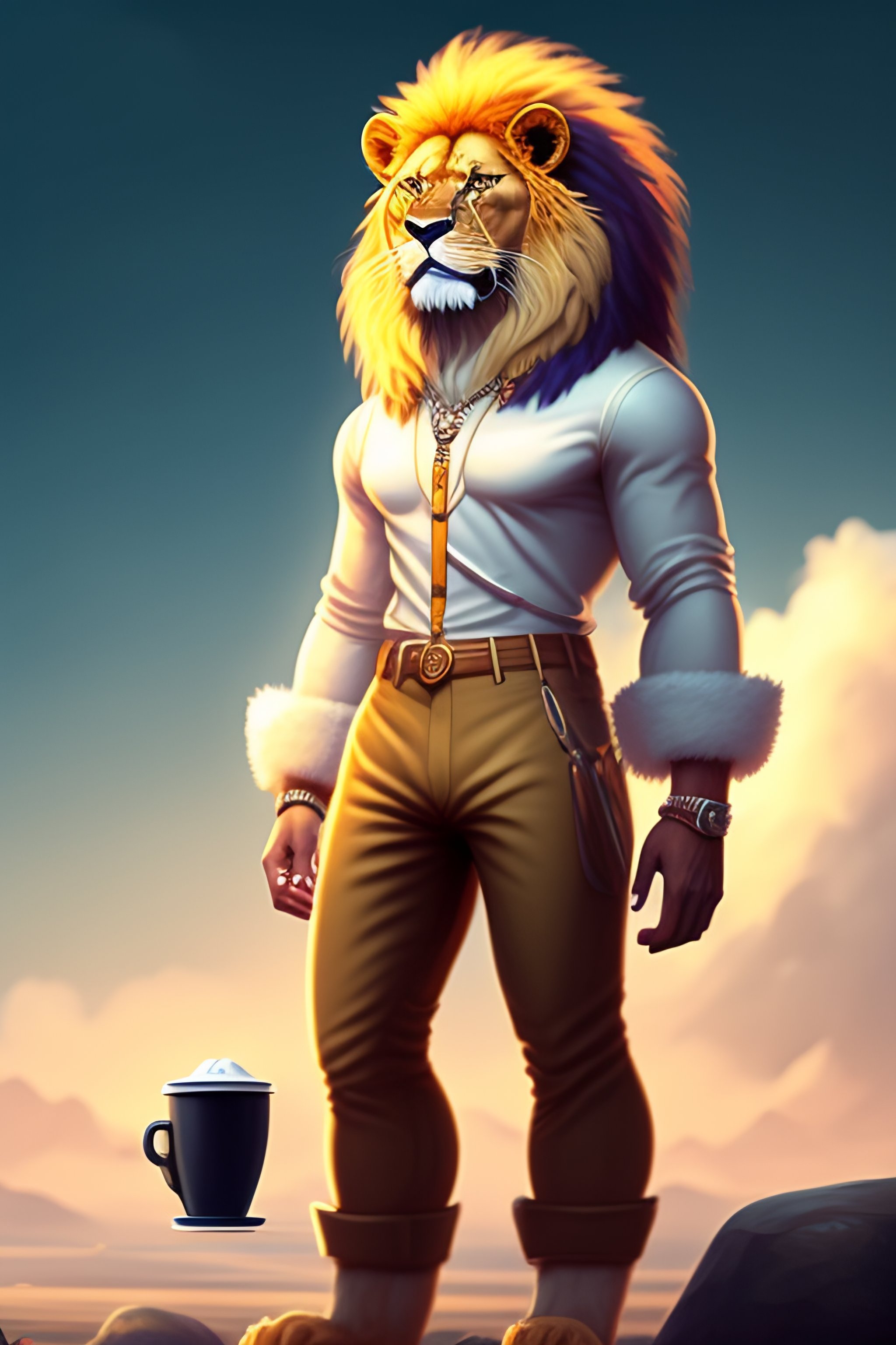 Lexica - Anthro furry humanoid lion, white shirt pant, drinking coffee ...