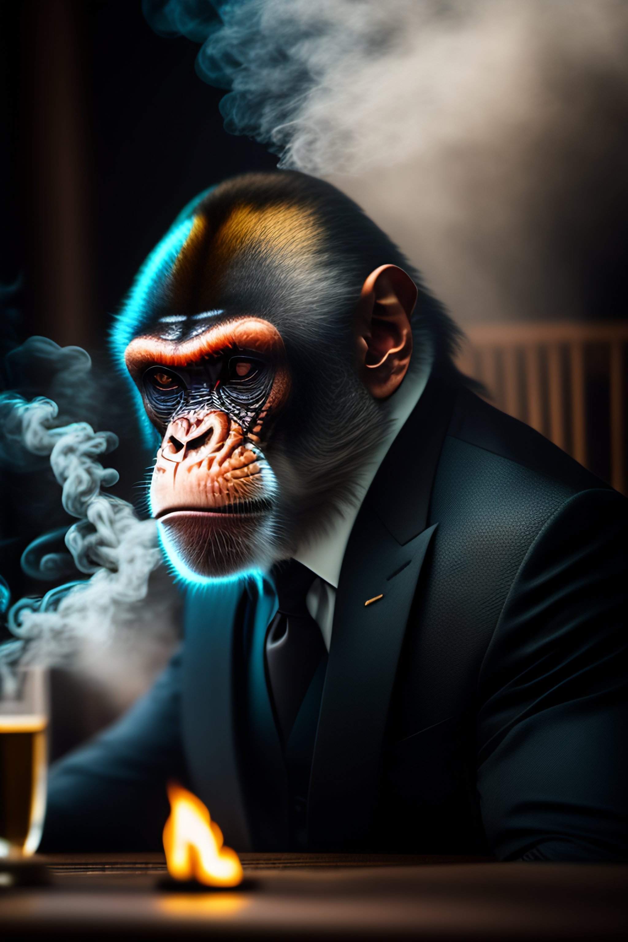 Lexica - Elegant monkey, black suit, smoking a very smoky cigarette ...