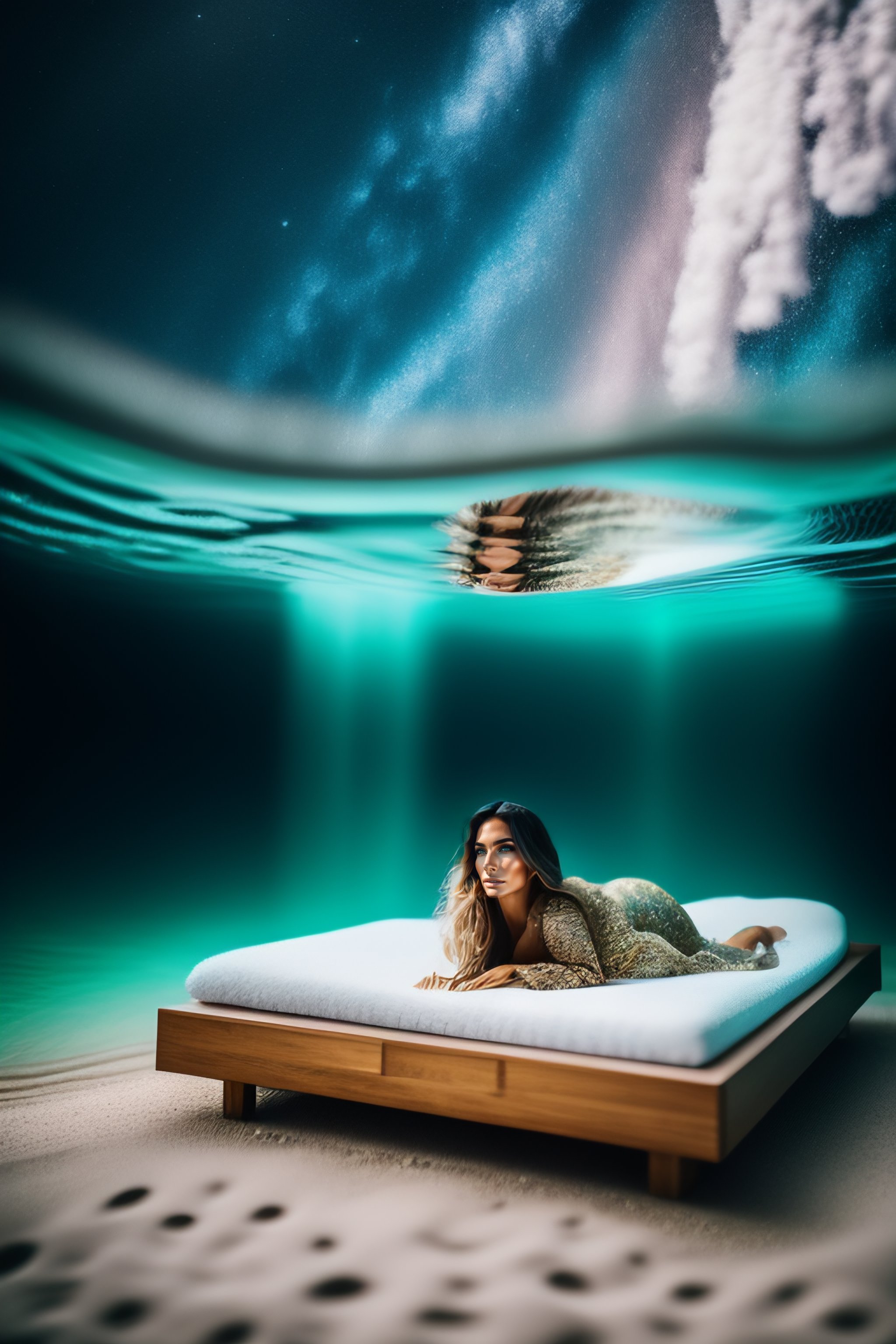 Lexica - A SUPERMODEL laying on a tiny bed in the middle of the ocean ...