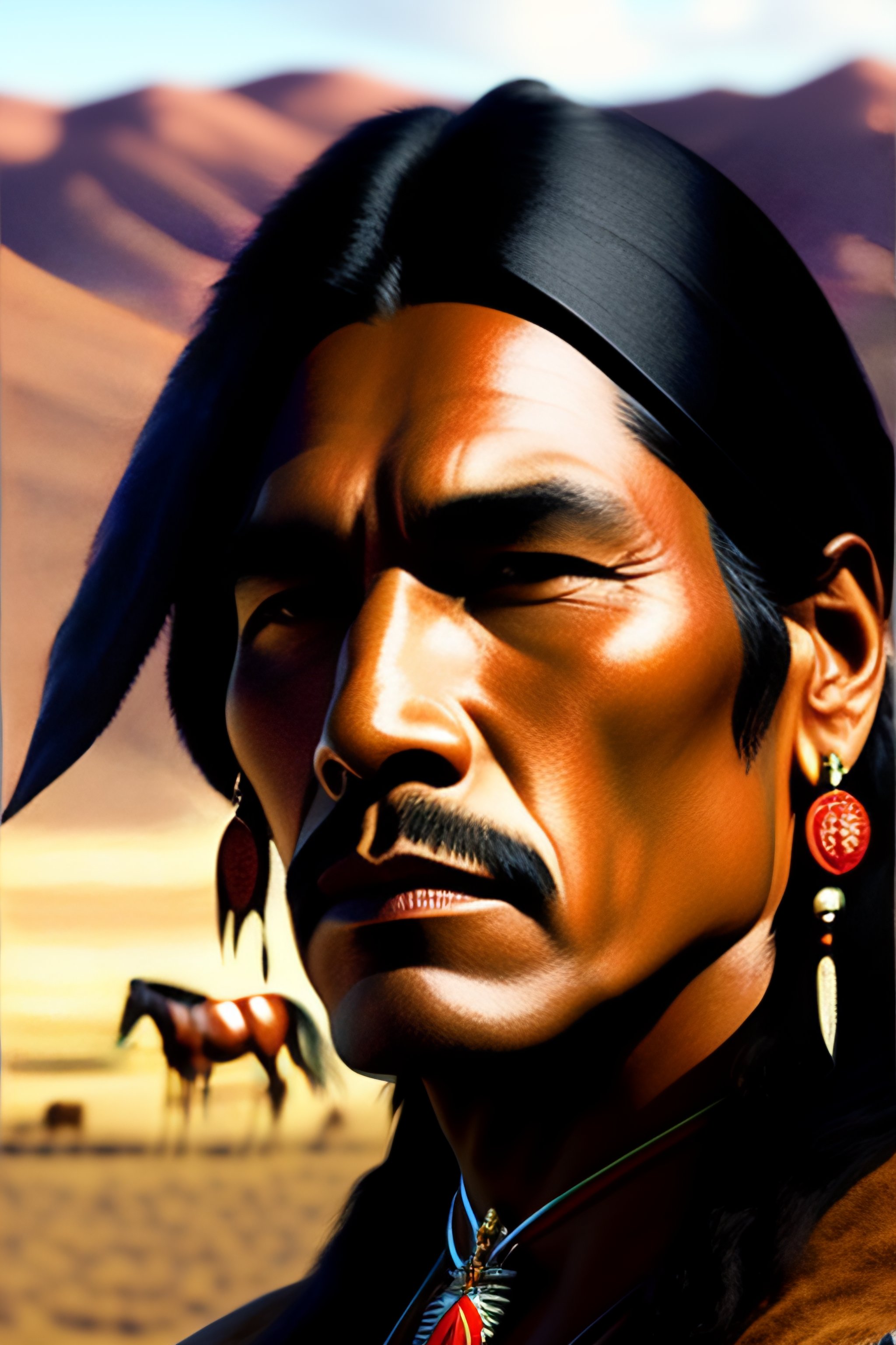 Lexica - Native american man portrait in 3d digital art with mustang ...