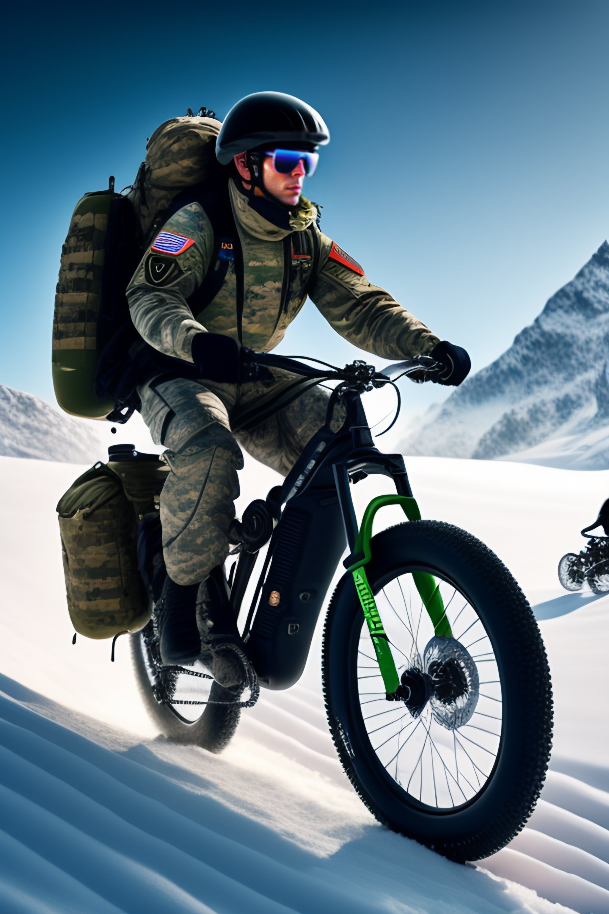Lexica - Army Official riding cyberpunk cycle , snow
