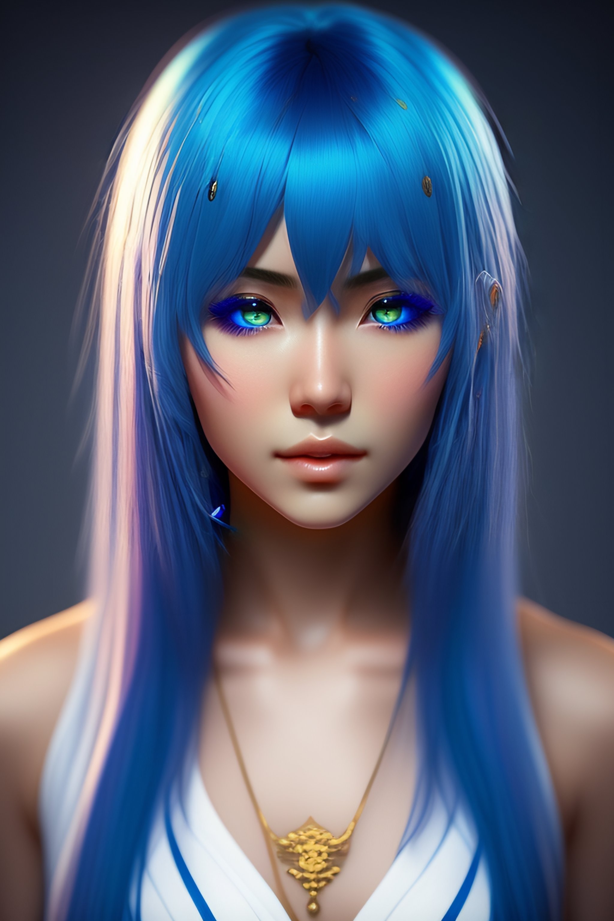 Lexica - Portrait of an anime character hyper realistic blue hair gold eyes