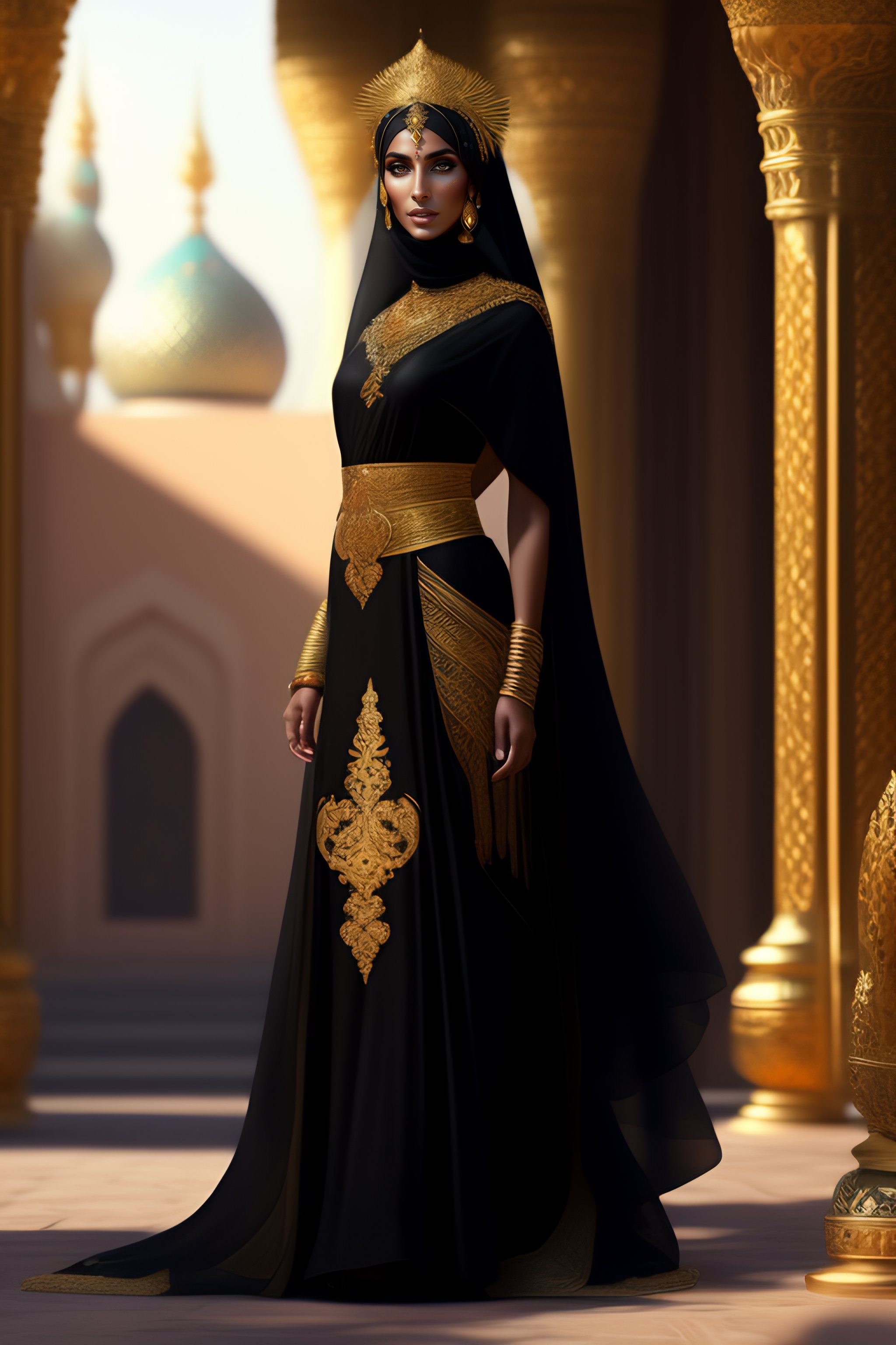 Lexica - Beautiful arabian woman wearing black clothes and gold jewels ...