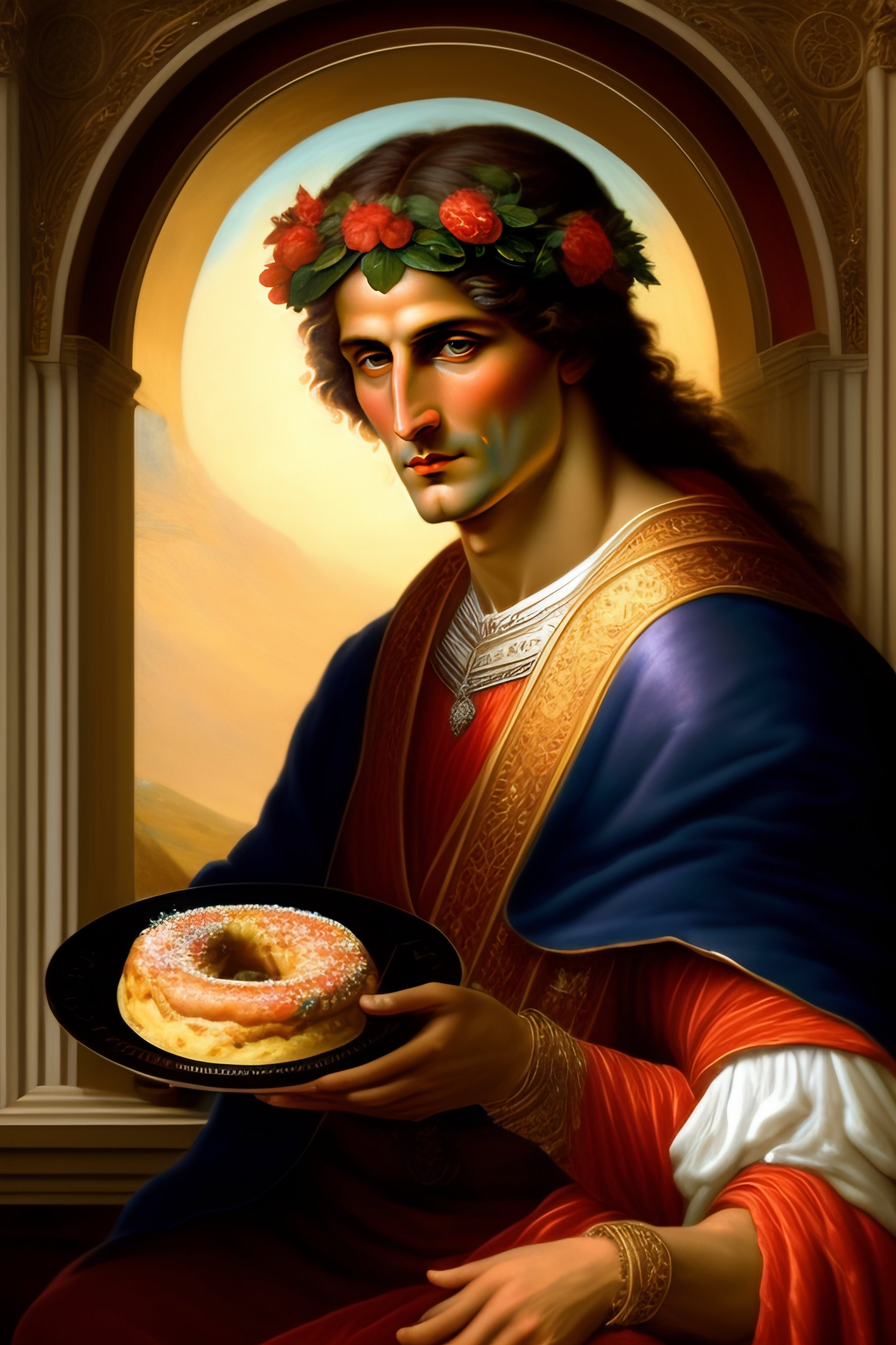 Lexica - Dante Alighieri eating a cinnamon roll and wearing a Laurel wreath