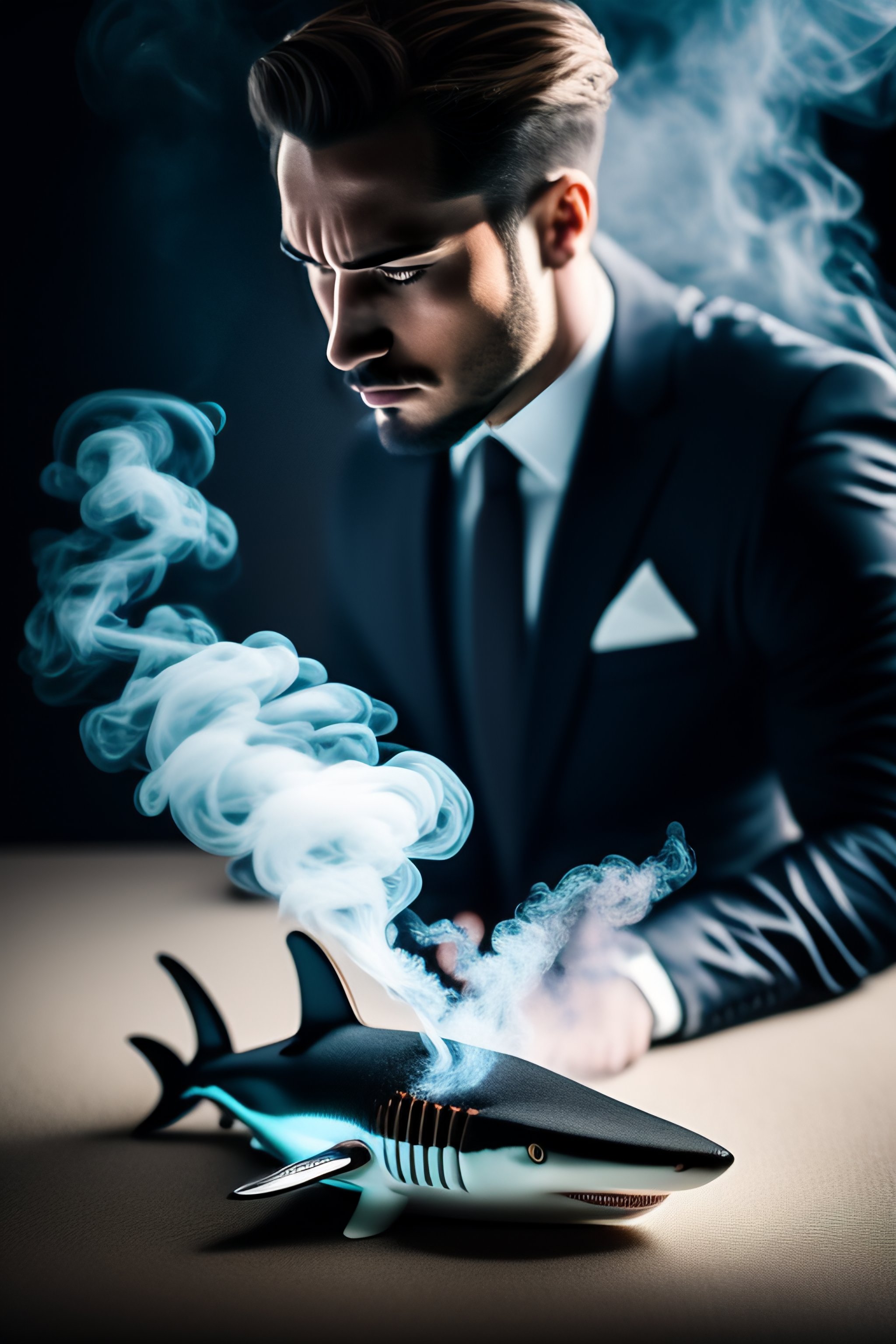 Lexica - Elegant shark, black suit, smoking a very smoky cigarette ...