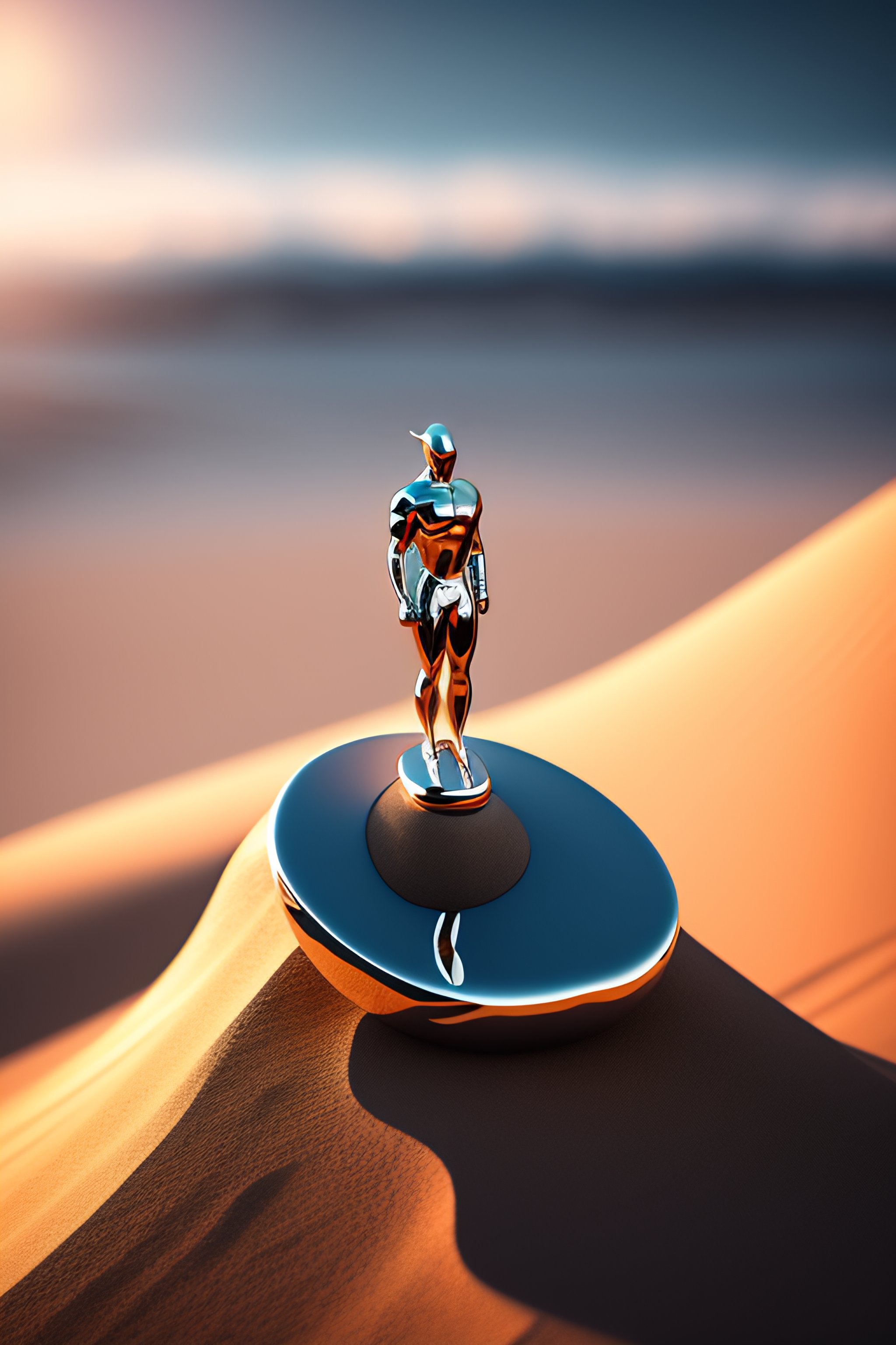 Lexica - Silver surfer, on top of his surf board, sand, wind, with ...