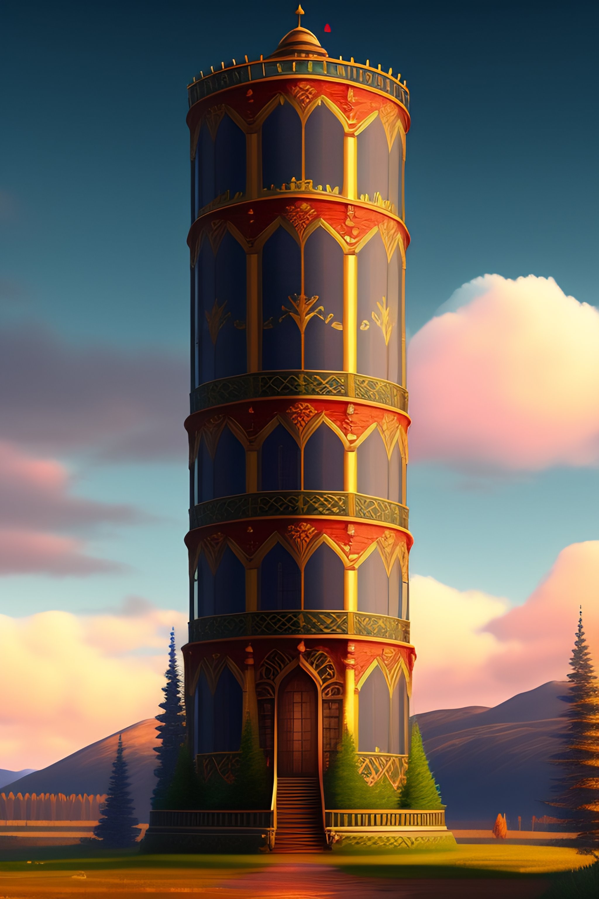 Lexica - Painting of a high cylindrical victorian tower, 🔥 🛖 🌲🏞️ 🌄 --ar ...