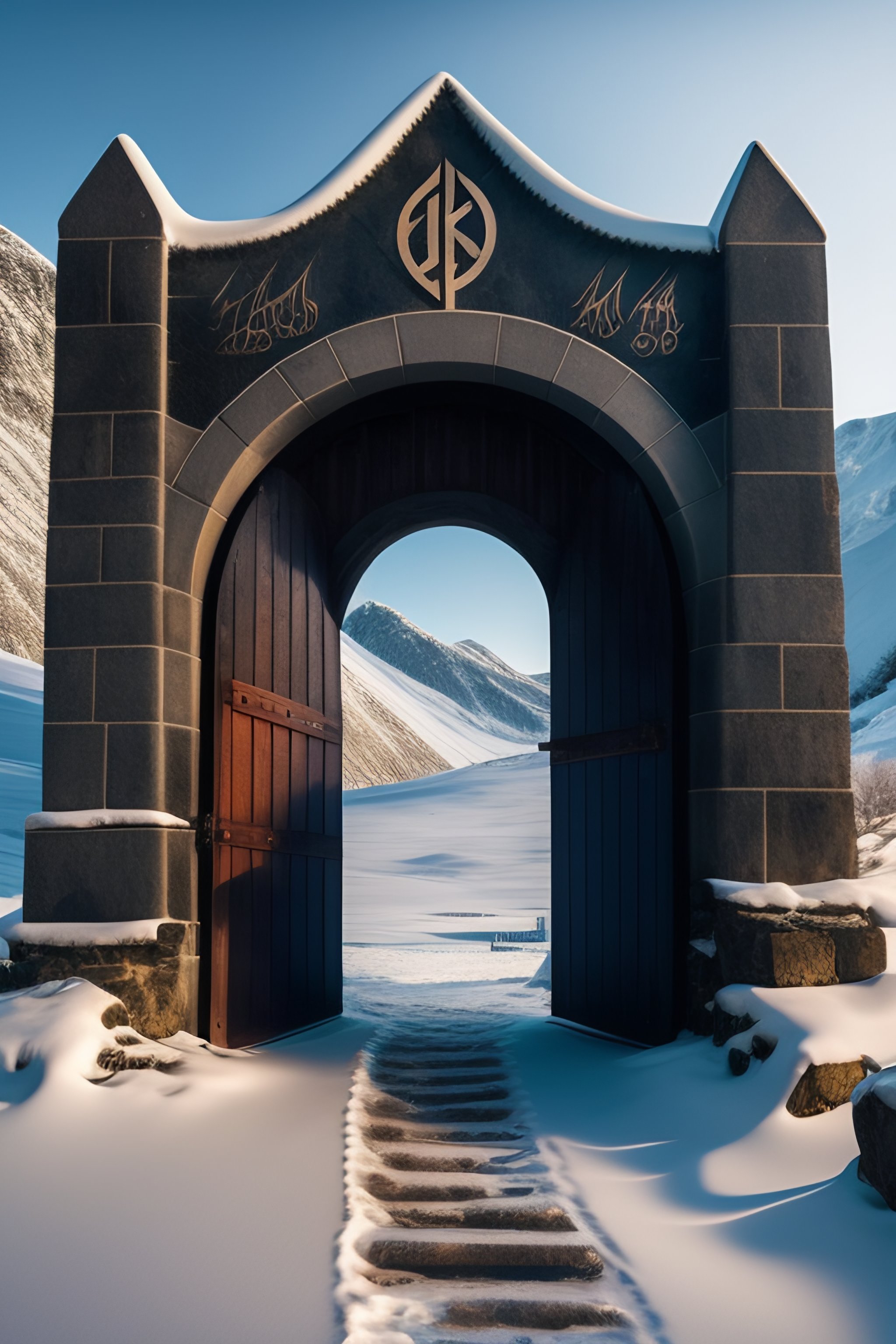 Lexica - Big frozen medieval gate with runic scriptures in the mountain