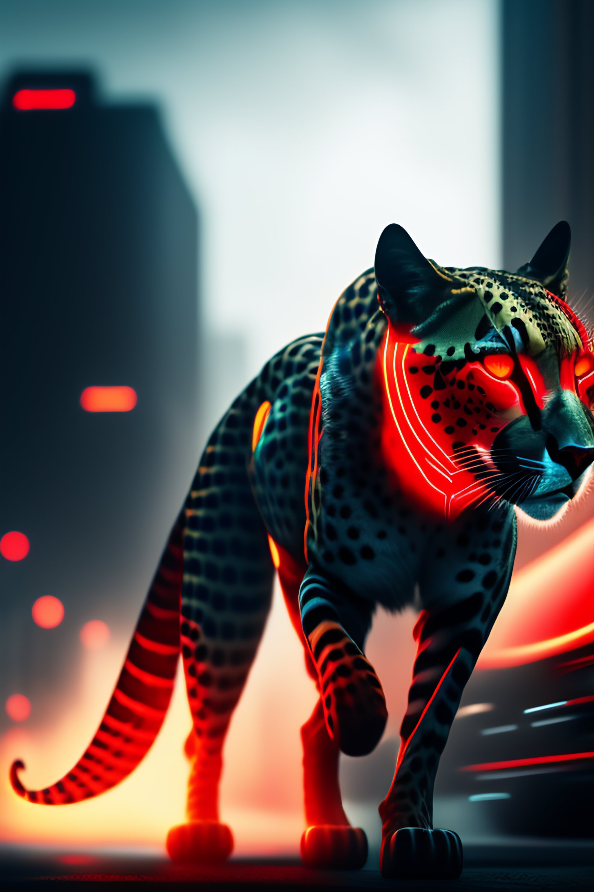 Lexica - Mecha cheetah running the city, cyber punk, destroyed city ...