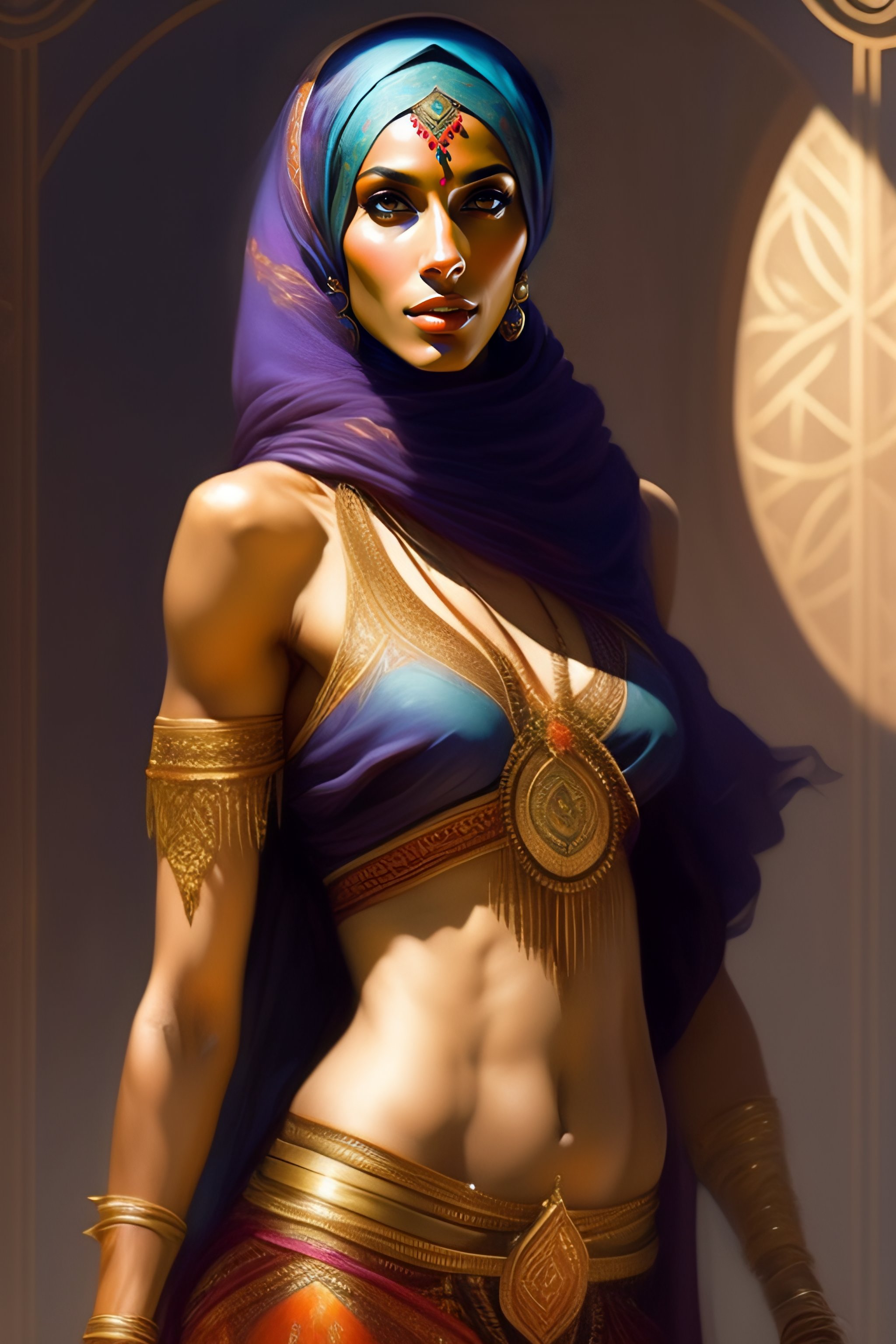Lexica - Skinny muscular hijabi woman doing belly dance art by greg rutkowski and alphonse mucha