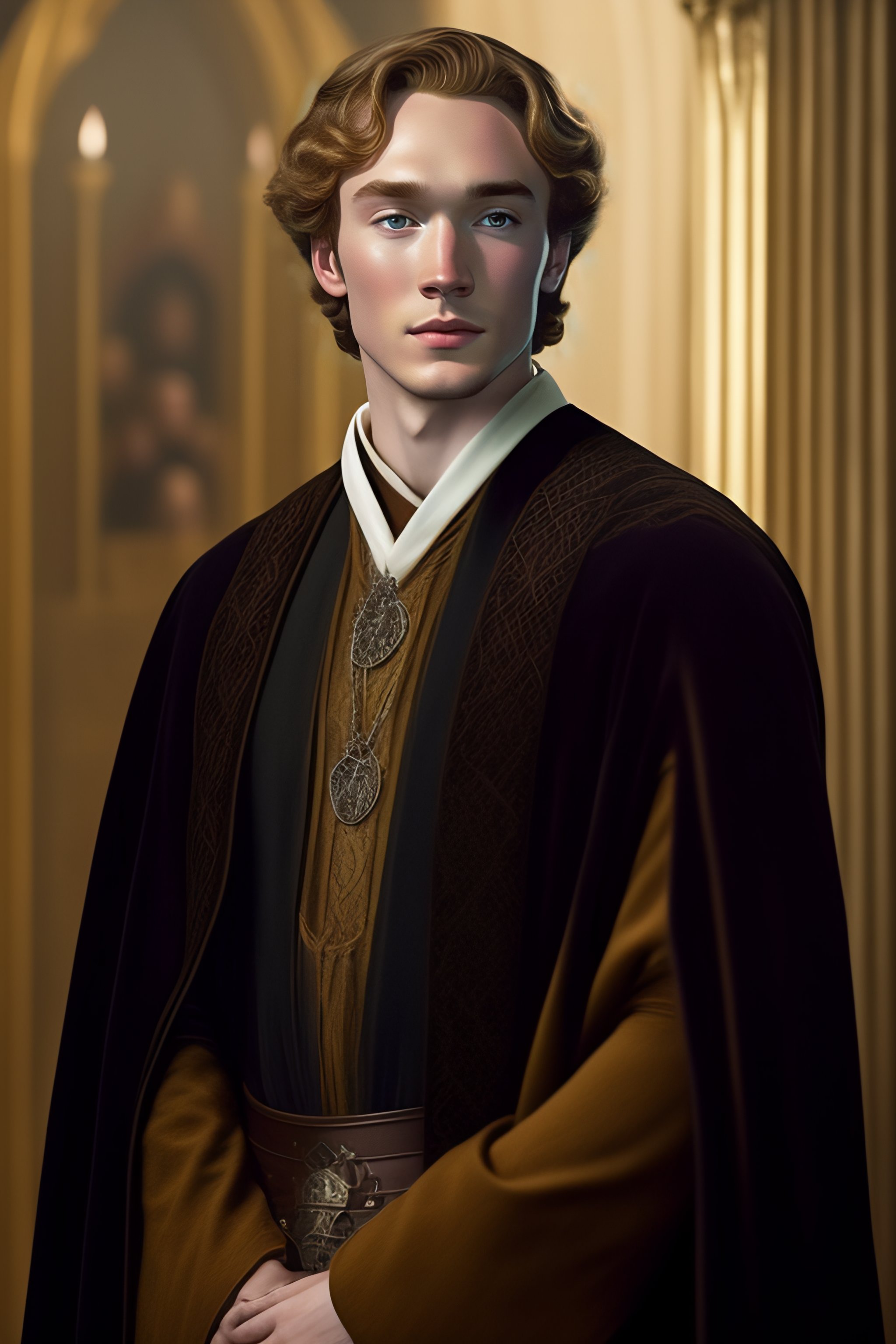 Lexica - Toby Regbo as wizard in black robe medieval style, detailed