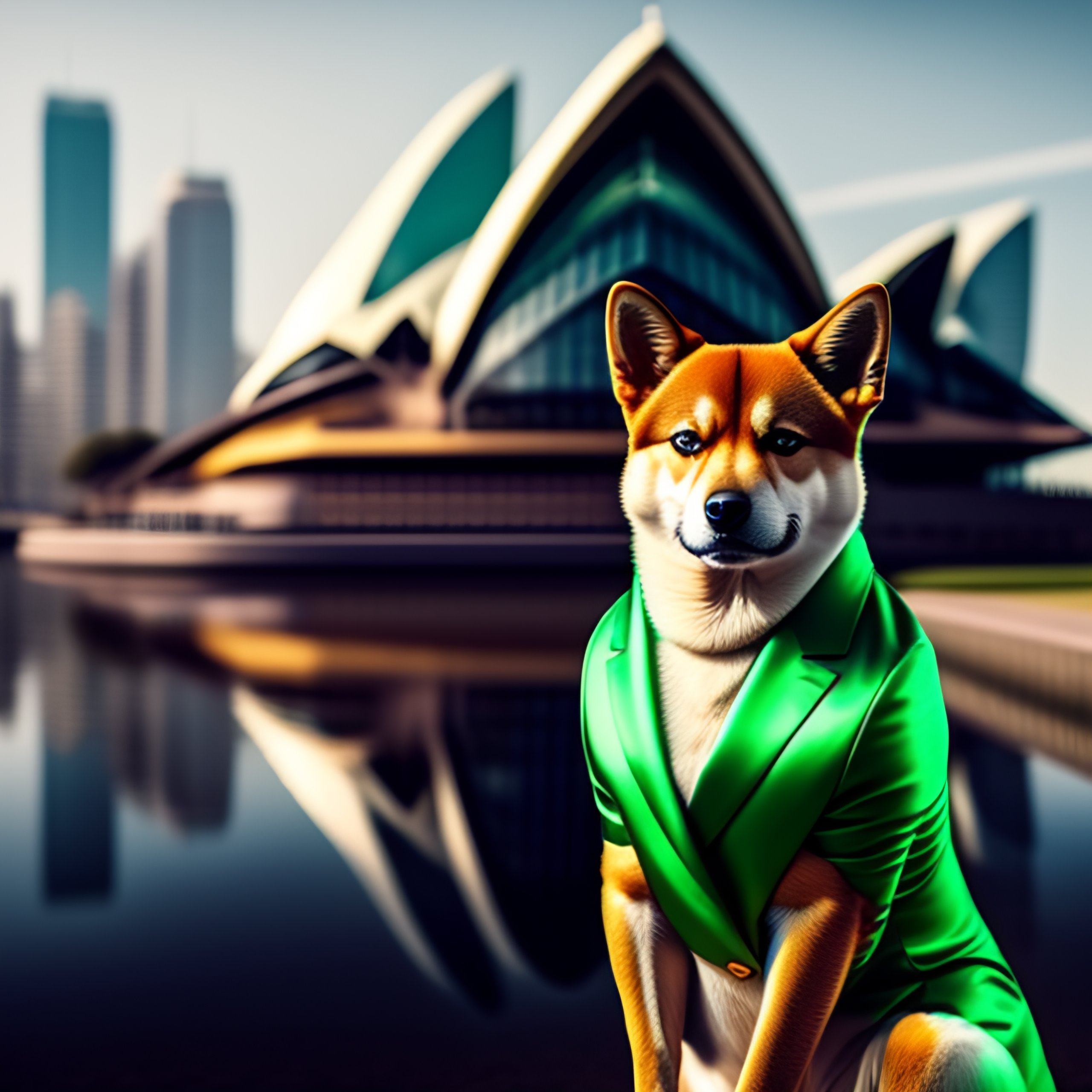 Lexica - Medium Shot of a standing shiba inu dressed in a fancy green ...
