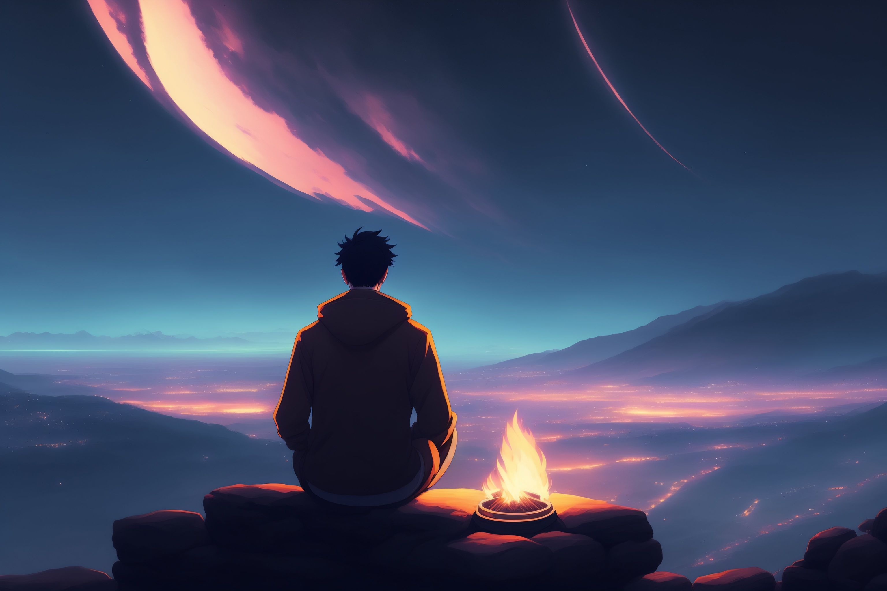 Lexica - Beautiful anime painting of back of a man from a far with dark ...