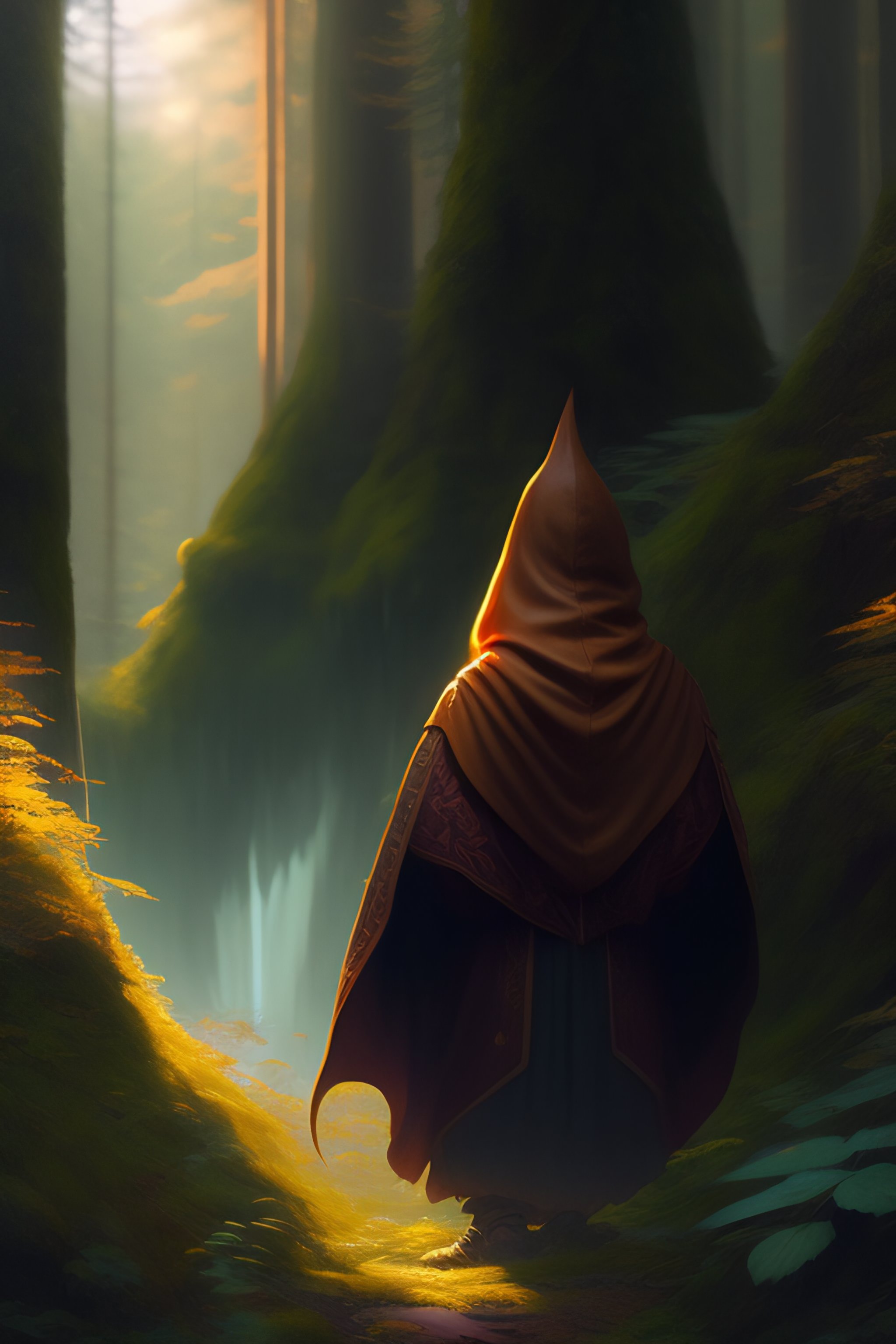 Lexica - Goblin wearing a brown hooded cloak in a forest, stephen bliss ...