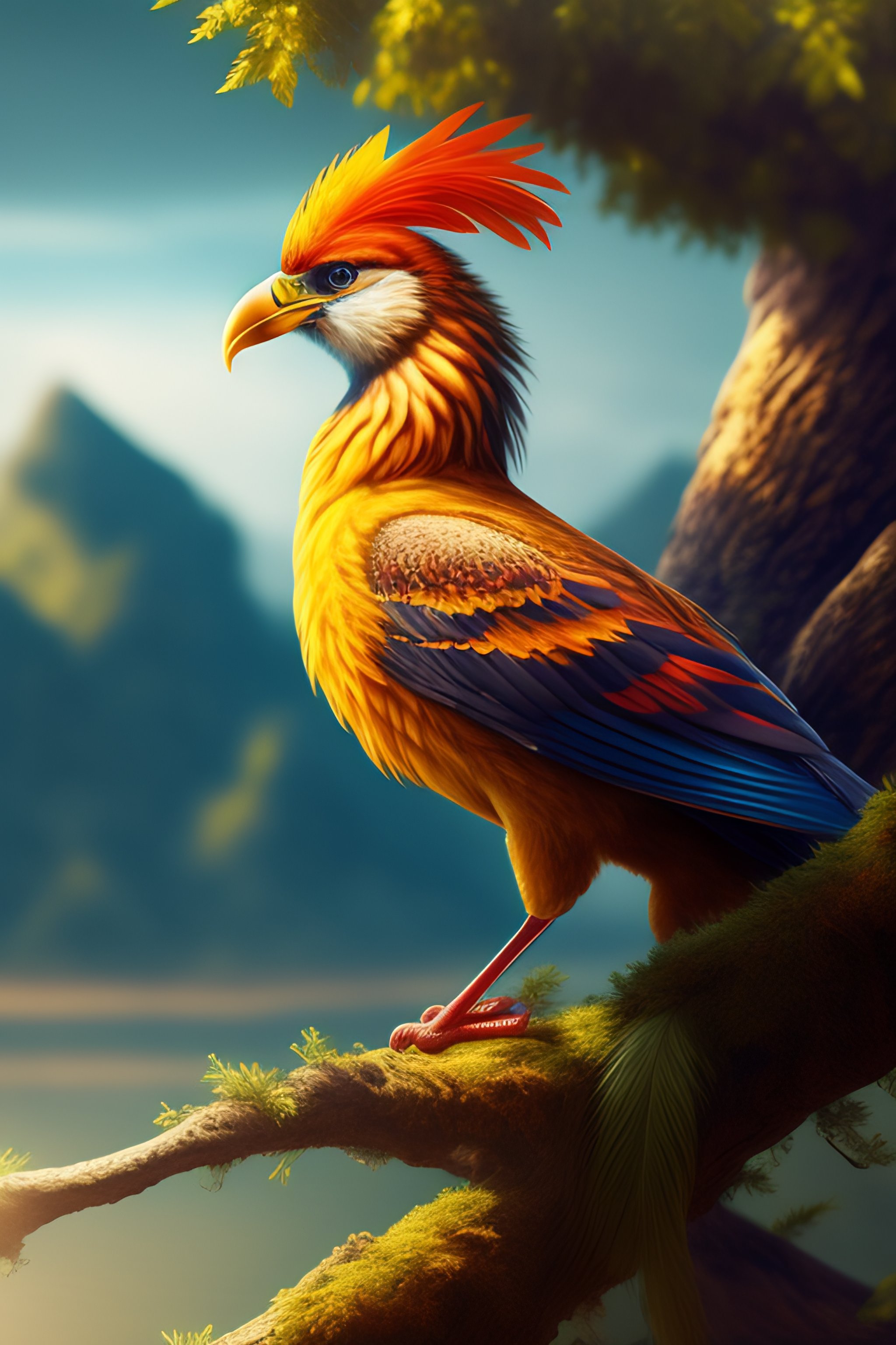 Lexica - Landscape, on it a woman in the form of a phoenix bird ...