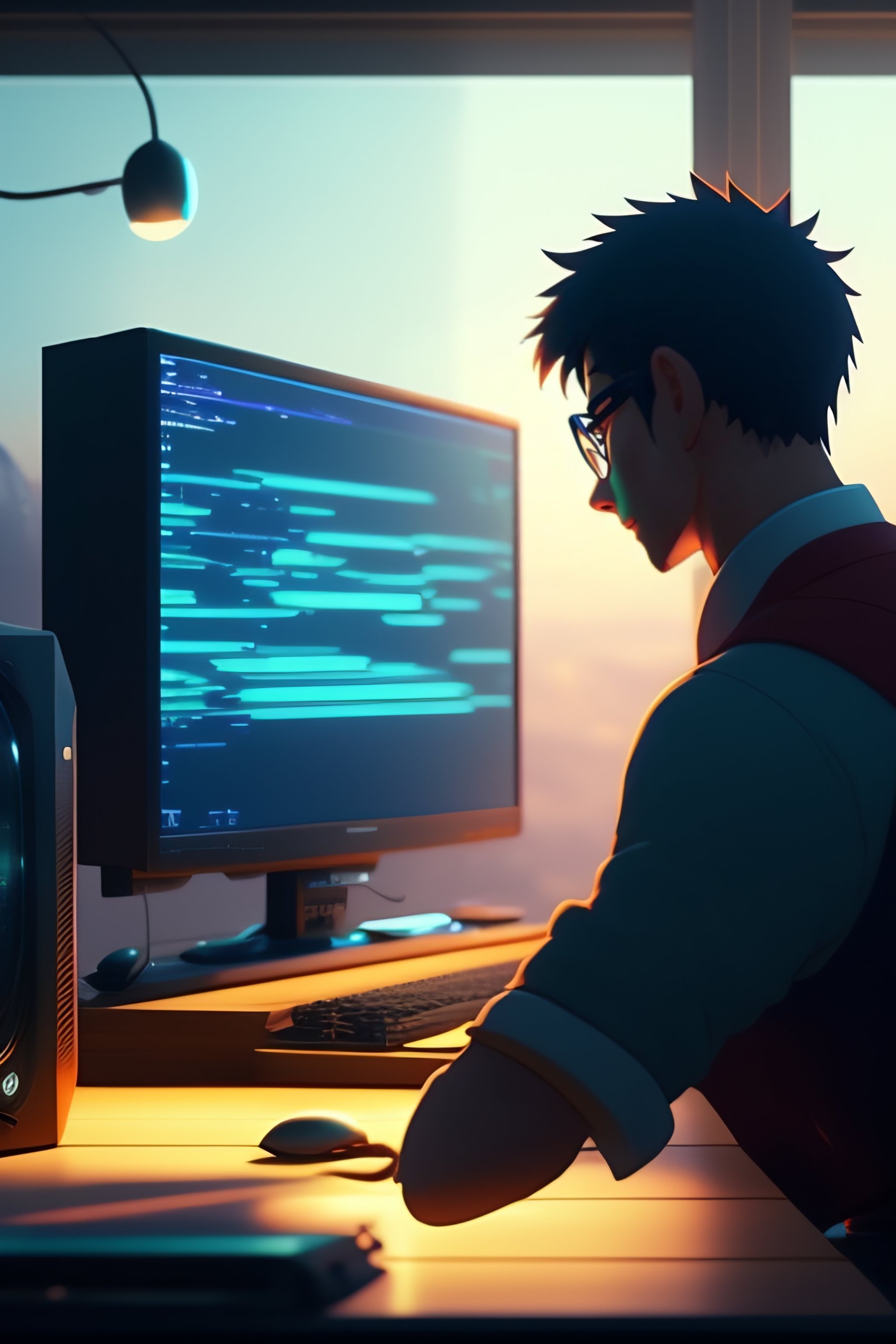 Lexica - A nerdy men is programming at a computer in a room full of ...