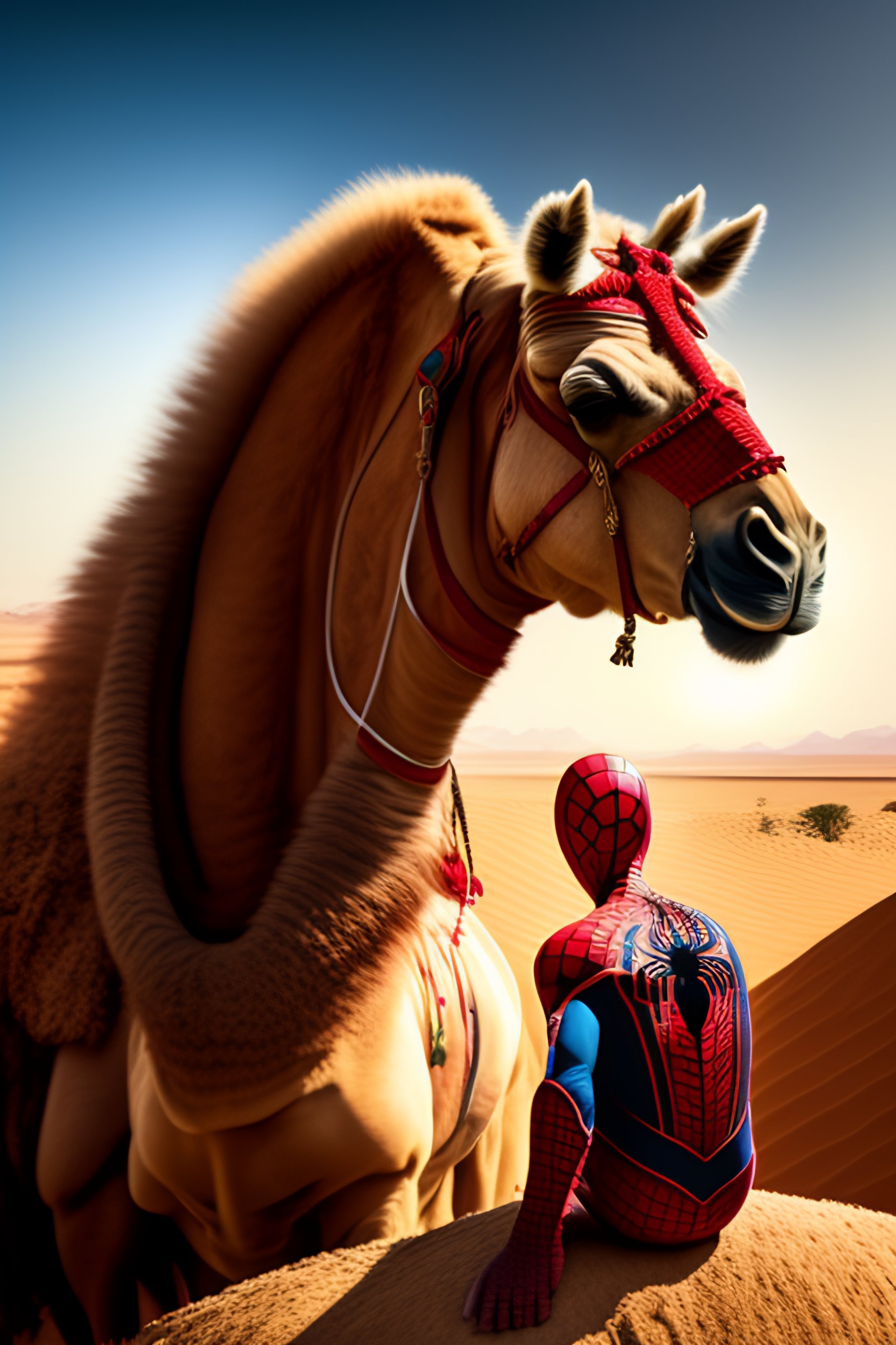 Lexica - Spiderman riding a camel.