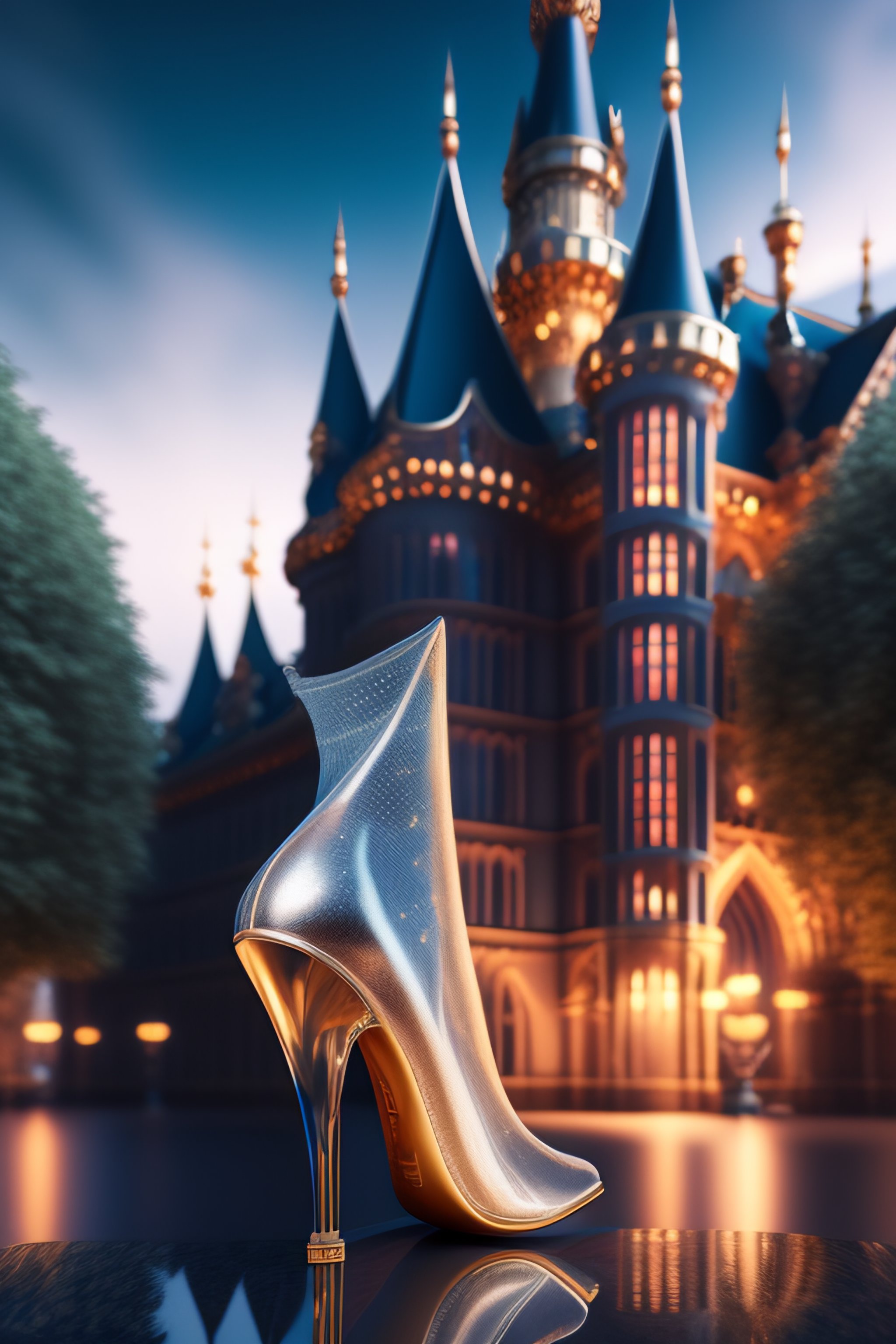 Lexica - Shiny clear high heel shoe in front of a castle, dark fantasy ...