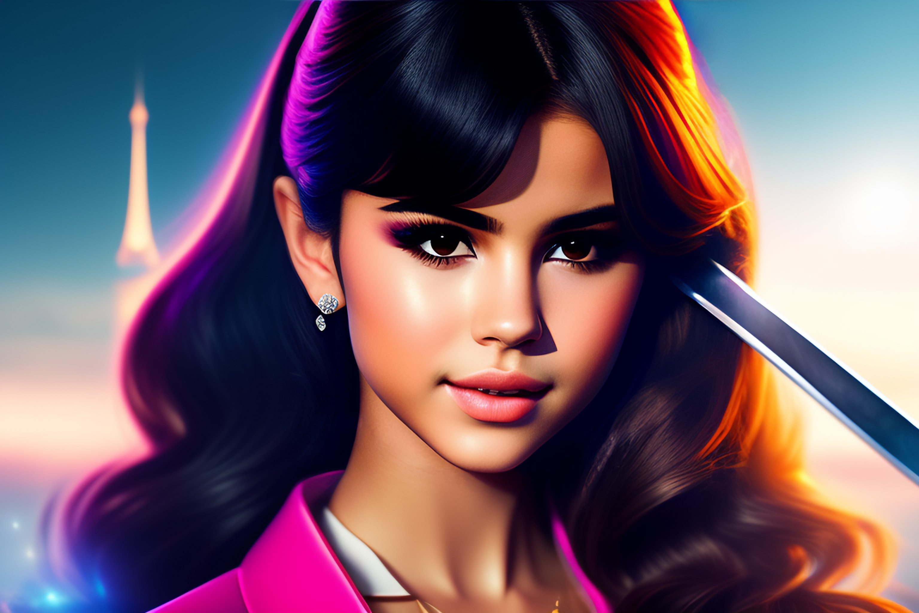 Lexica - Create a Anime Selena Gomez Girl with a giant sword