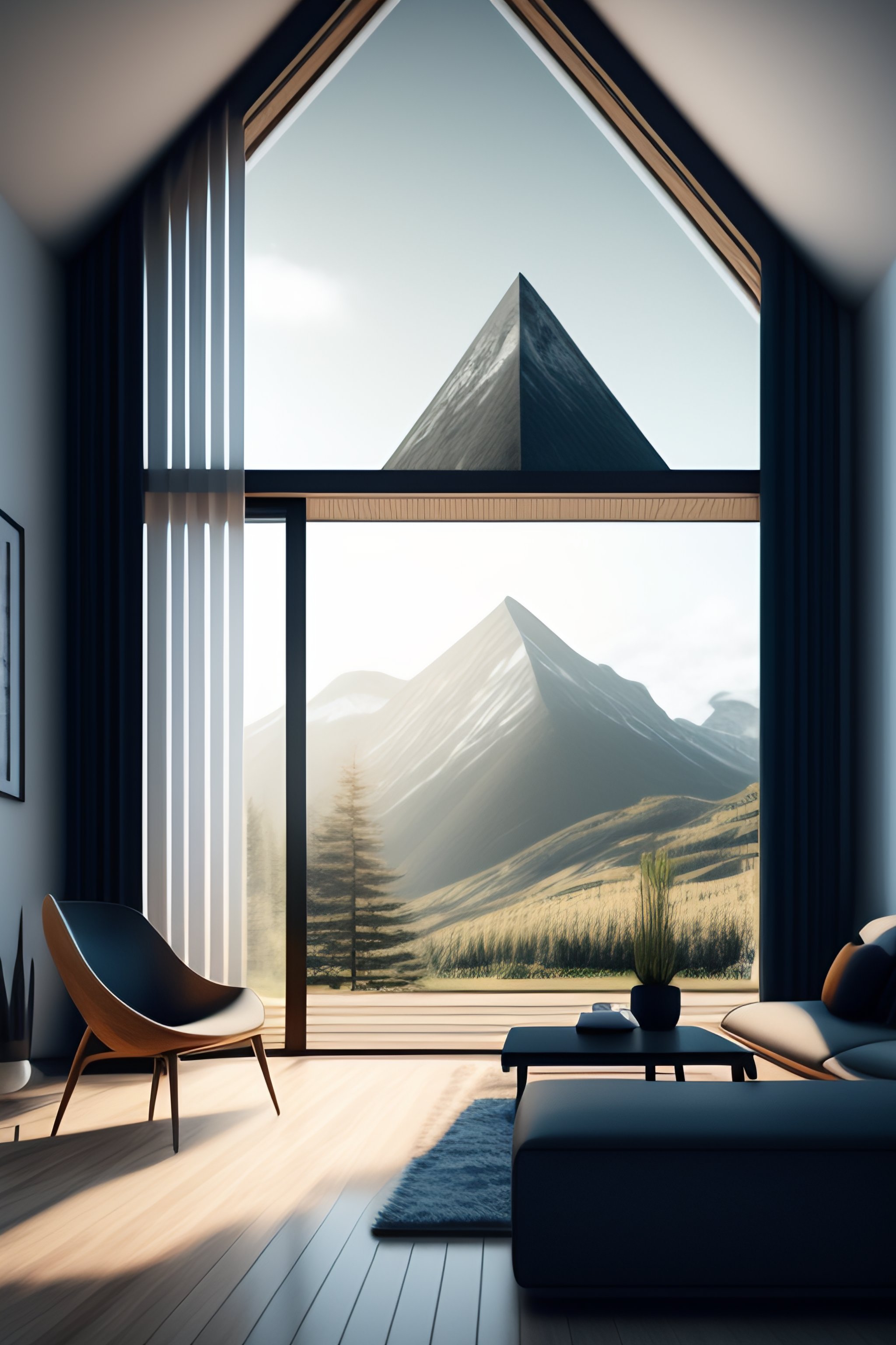 Lexica - Realistic, modern living room with big triangle windows and a ...
