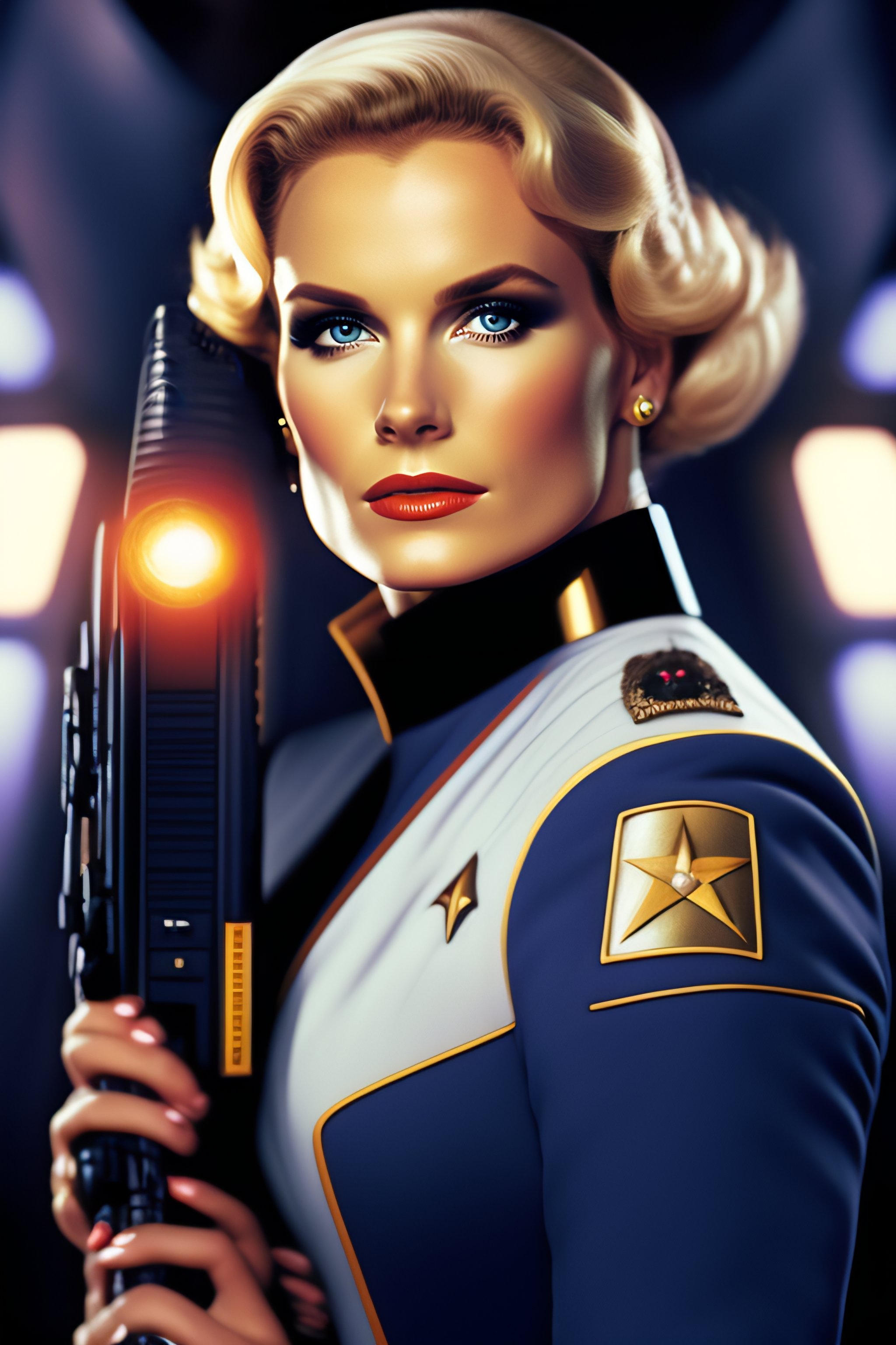 Lexica - Portrait of a blonde female startrek captain holding a phasergun