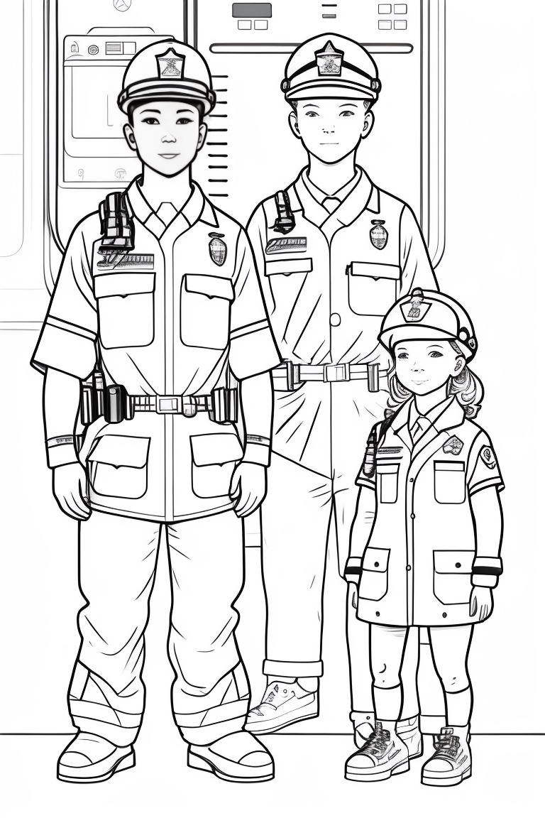 Lexica - A child's coloring book page depicting a firefighter, a nurse ...