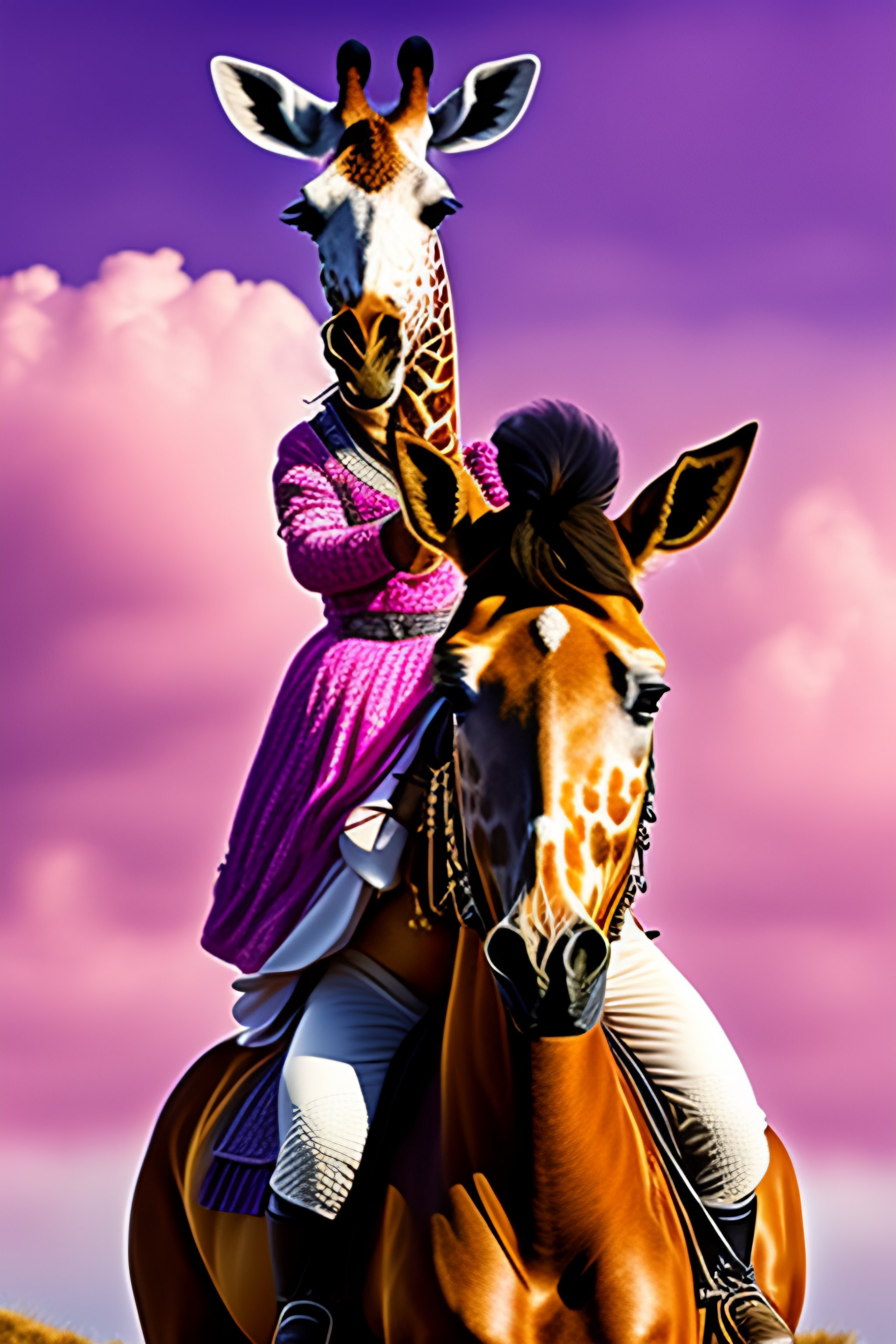 Lexica - Marta Gastini in pink medieval princess style riding a giraffe