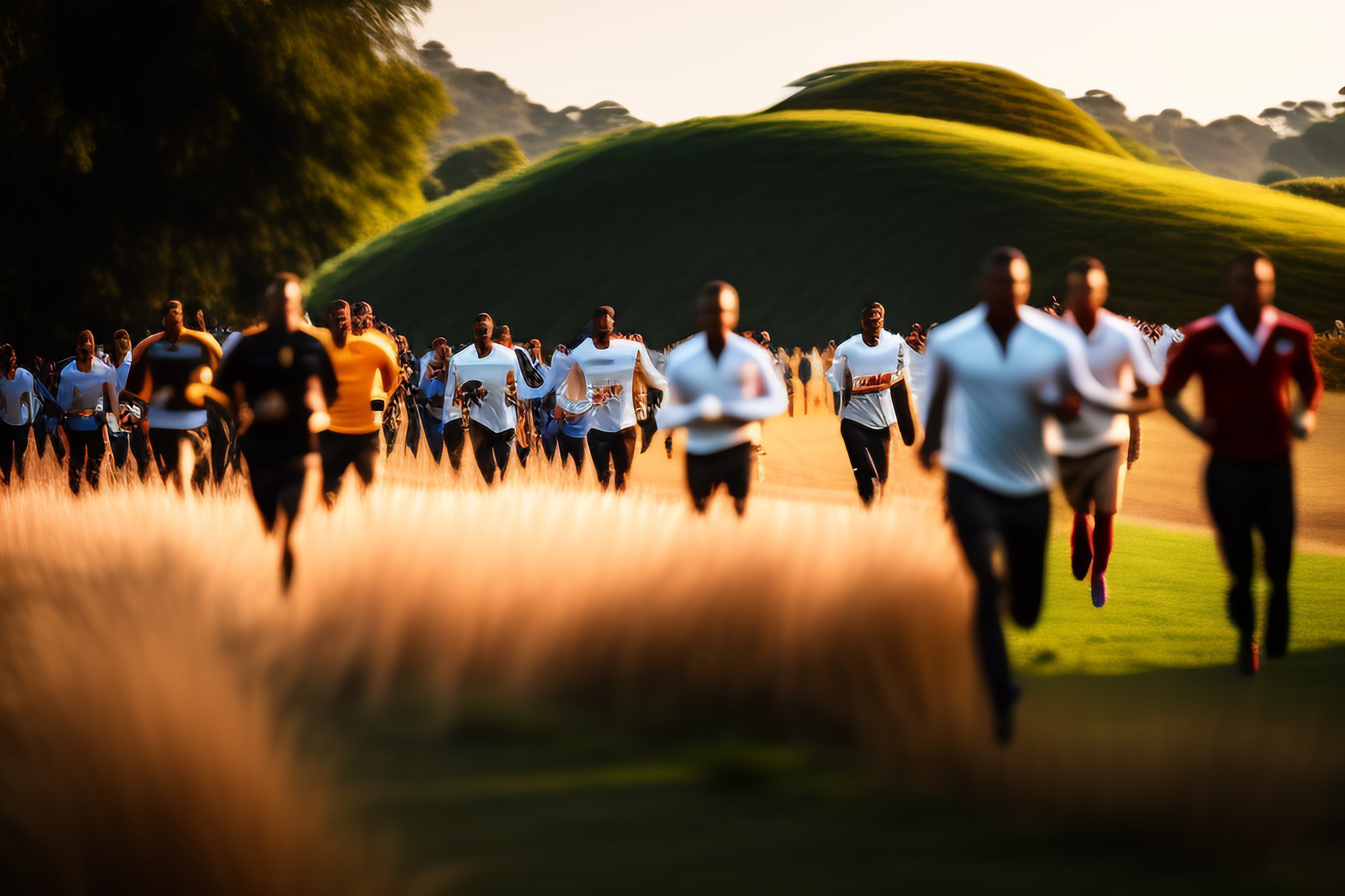Lexica - Background full of men and wome chasing, front view, grass ...