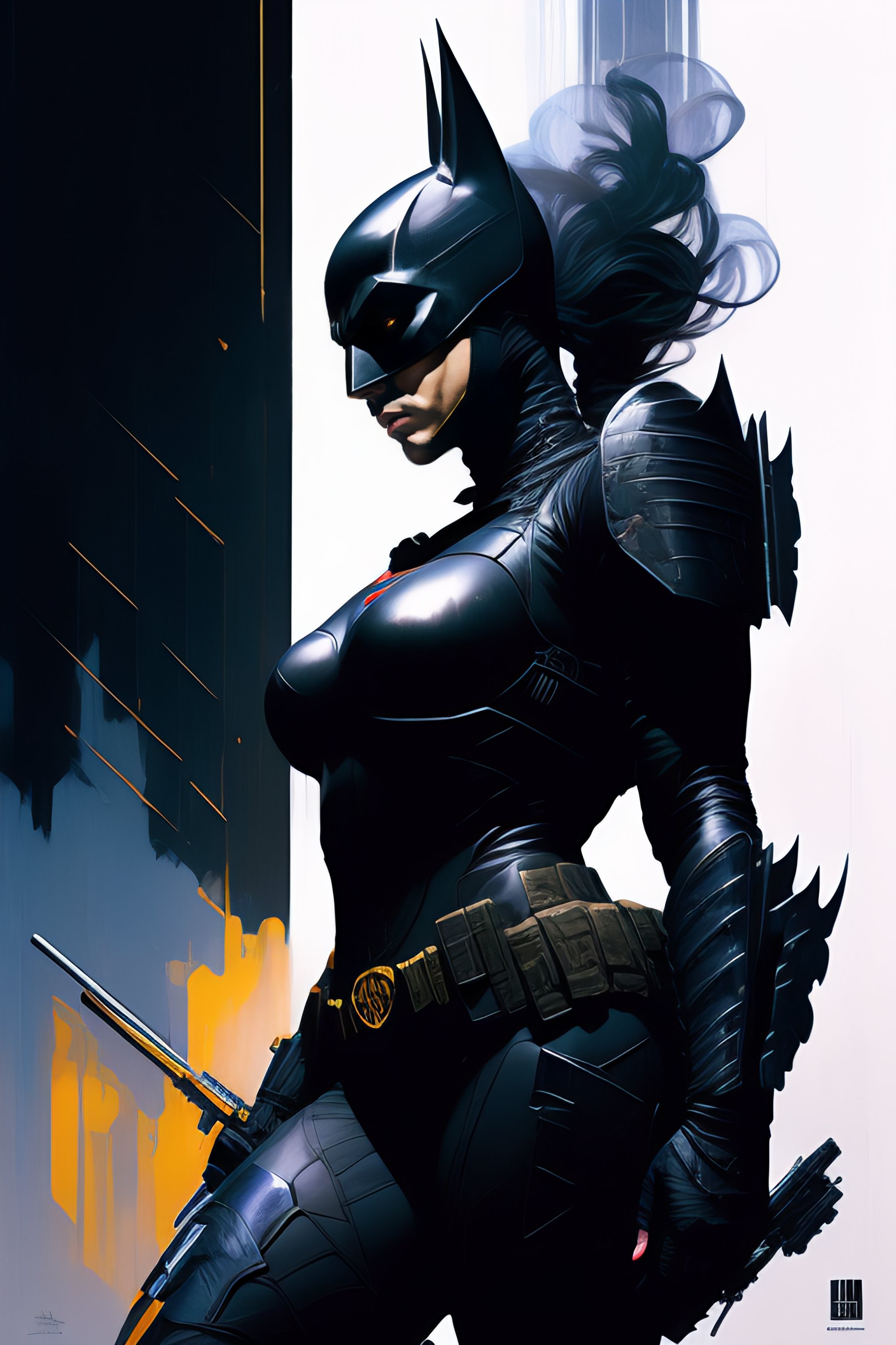 Lexica - Batman wearing metal gear armor holding gun dramatic lighting ...