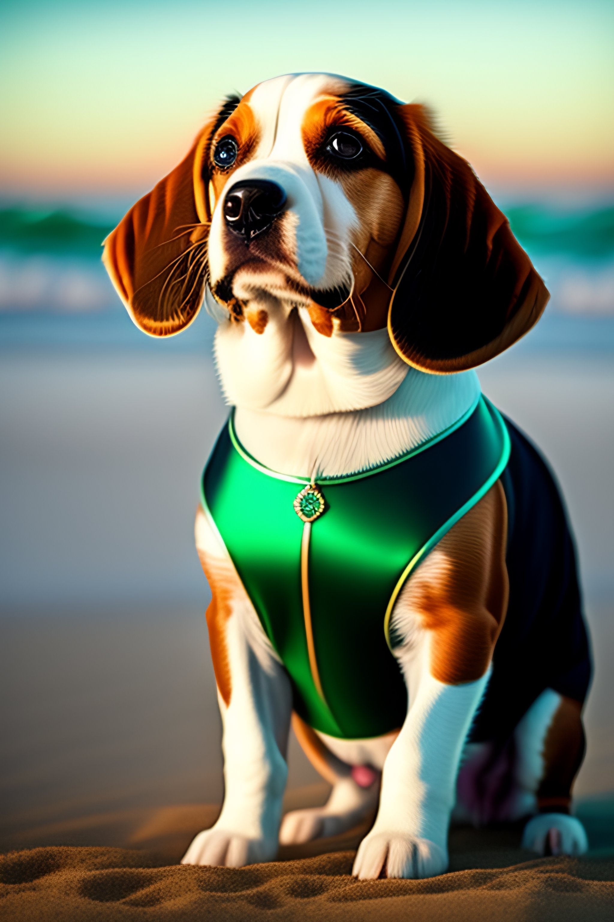 Lexica - Beagle puppy wearing emerald dress on the night beach