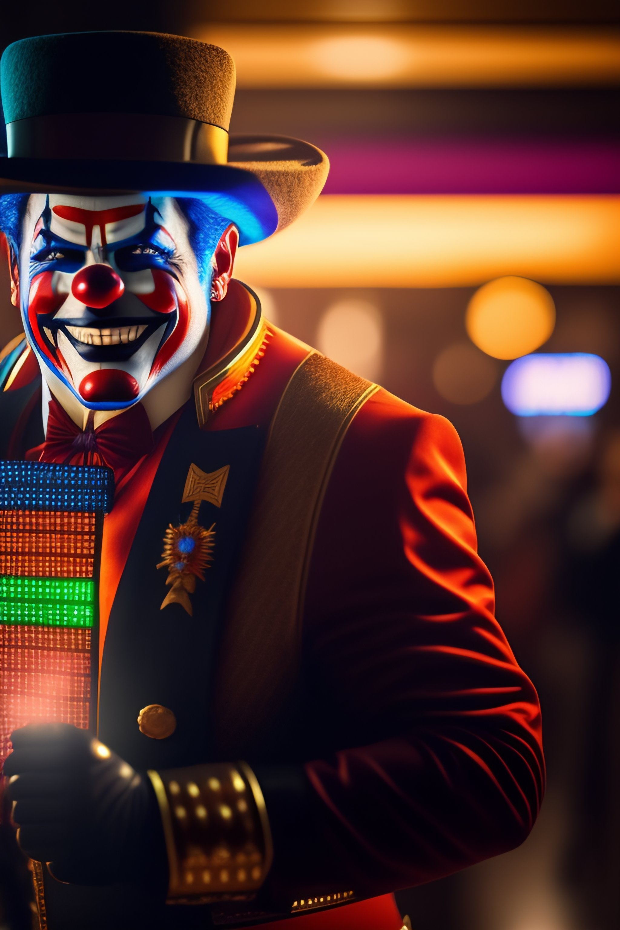 Lexica - Mercenary clown aiming weapon in a high tech casino raid