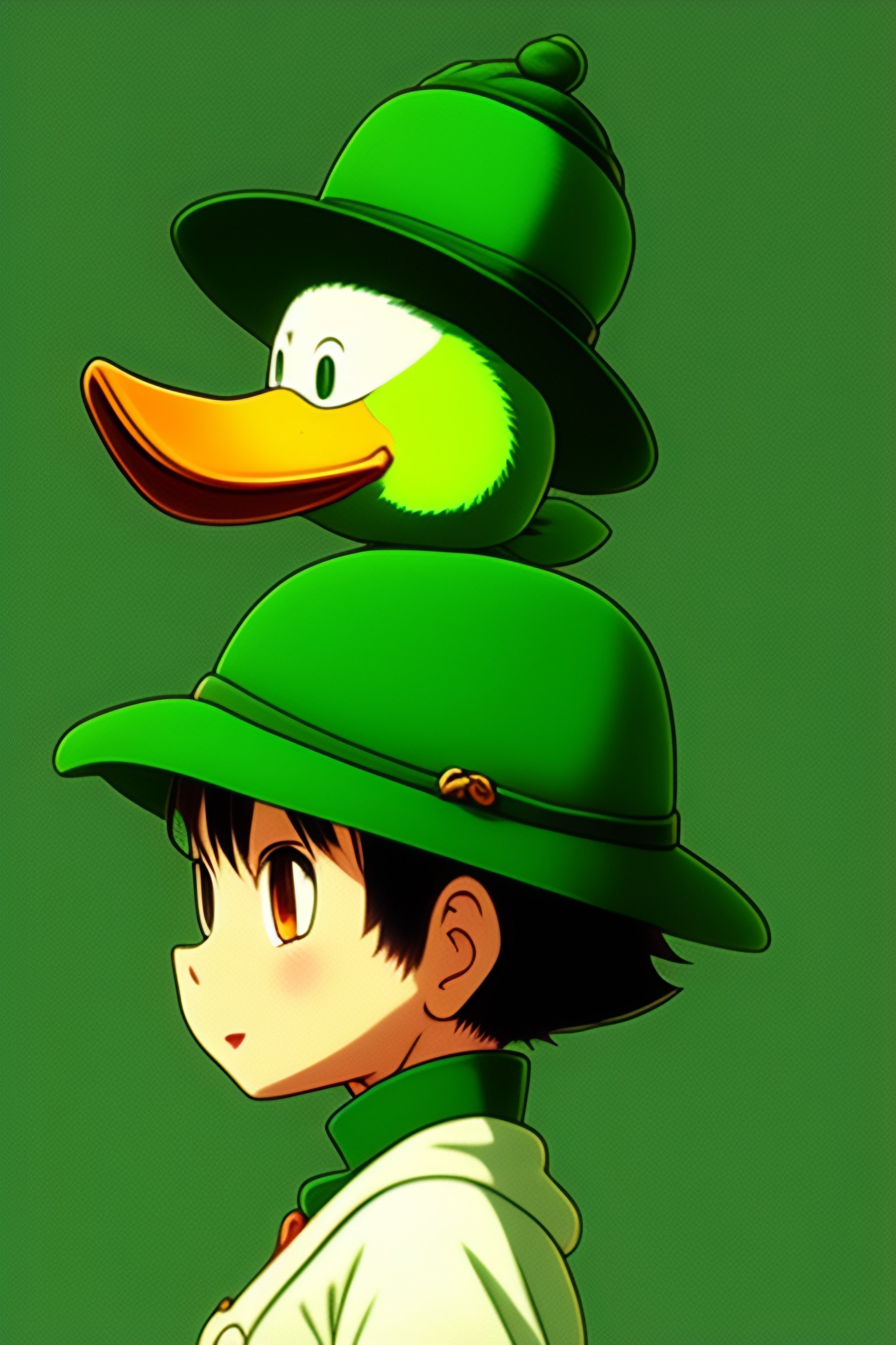 Lexica - A green duck holding a hat, made by hayao miyazaki, anime style