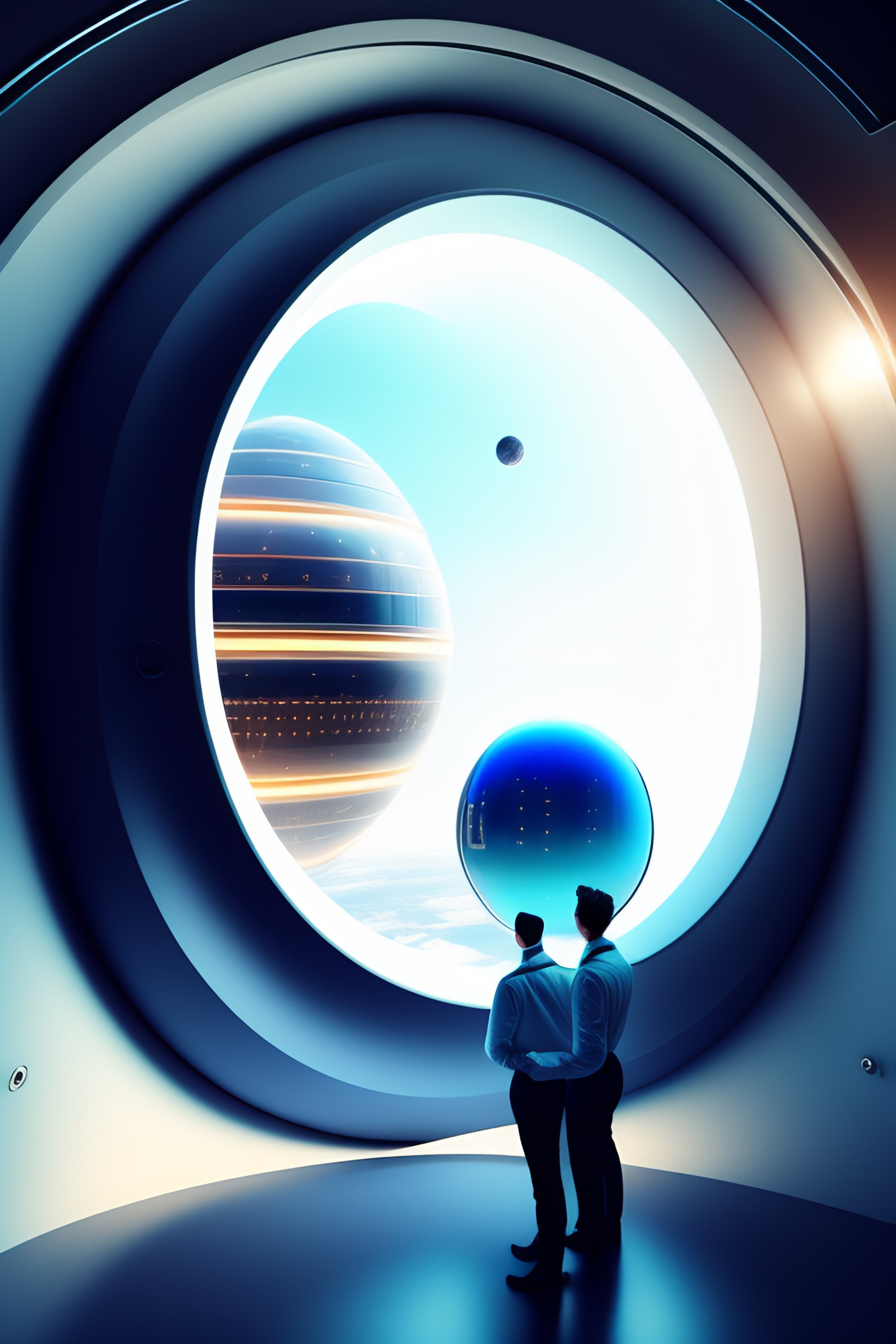 Lexica - Futuristic torus shaped spaceship lab, five scientist looking ...