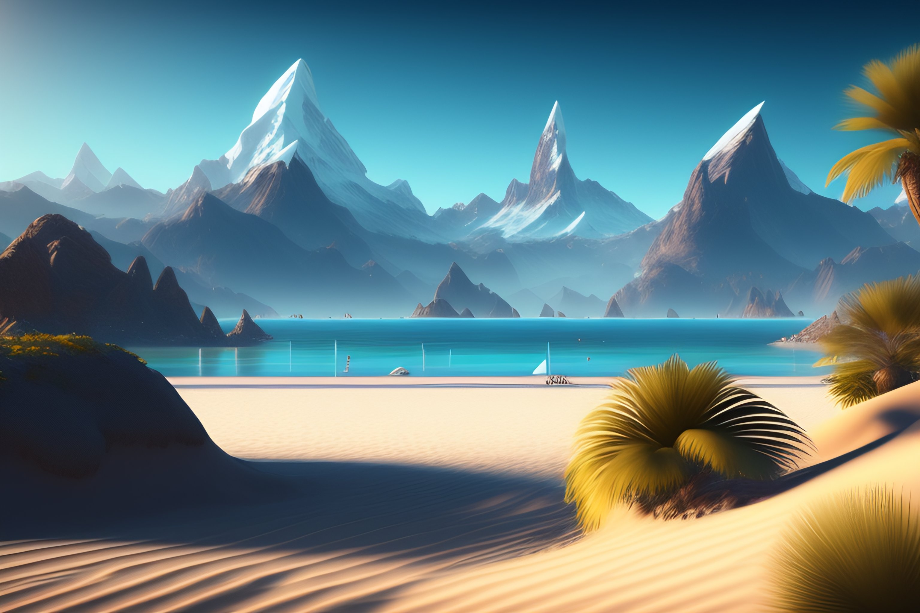 Lexica - Artstation scifi 3D scene of a showing a beach, palms, with a ...