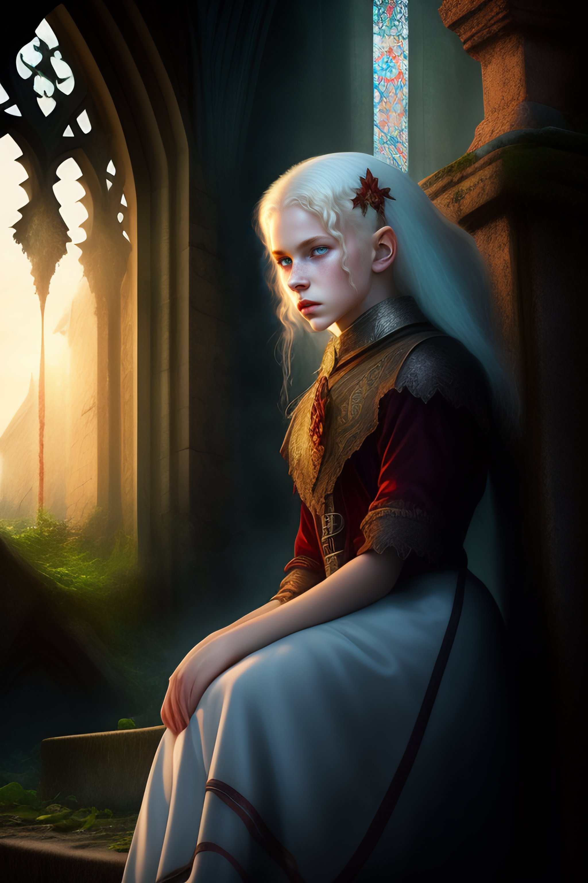 Lexica - 12 years old sad looking albino vampire female sitting on the ...