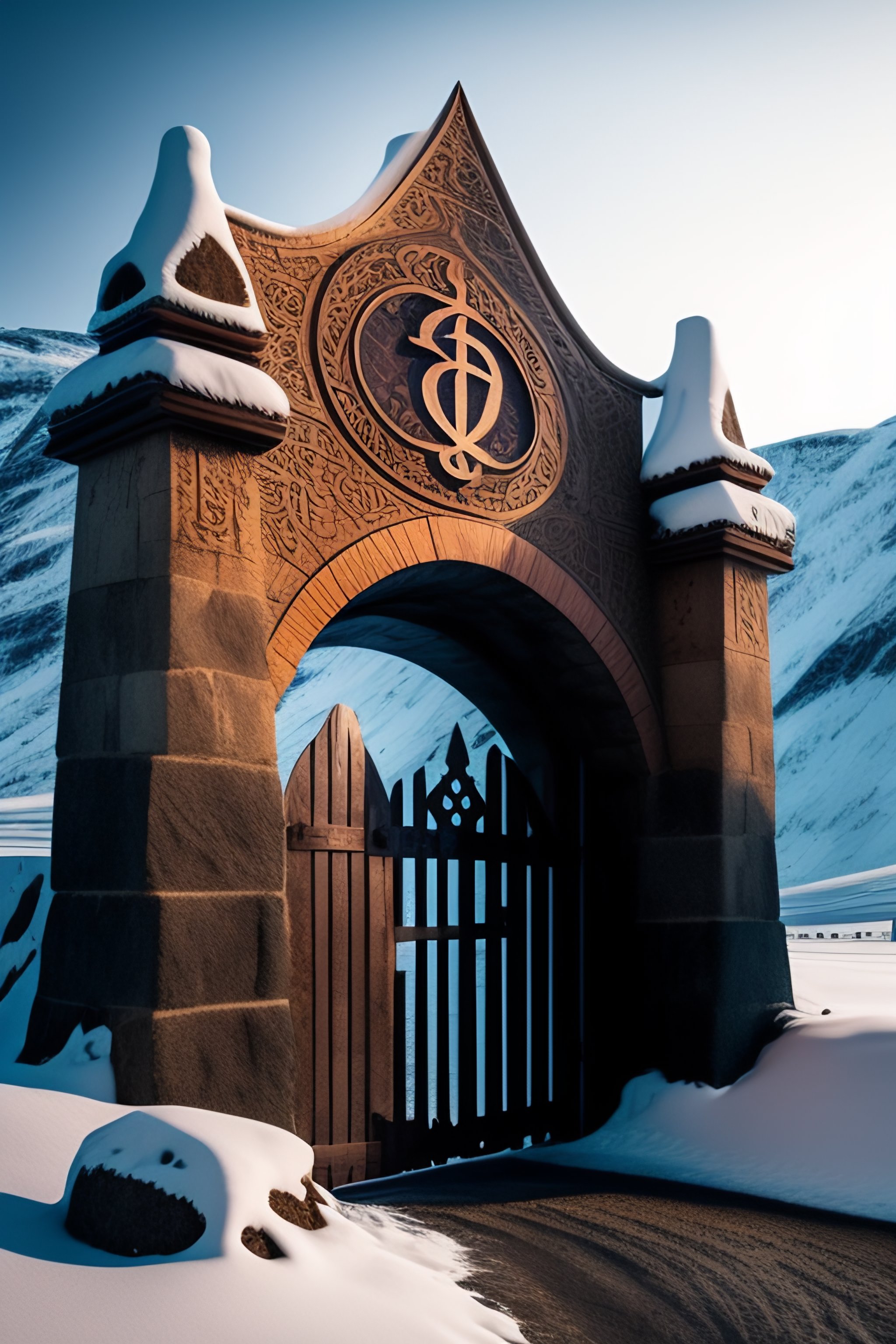 Lexica - Big frozen medieval gate with runic scriptures in the mountain