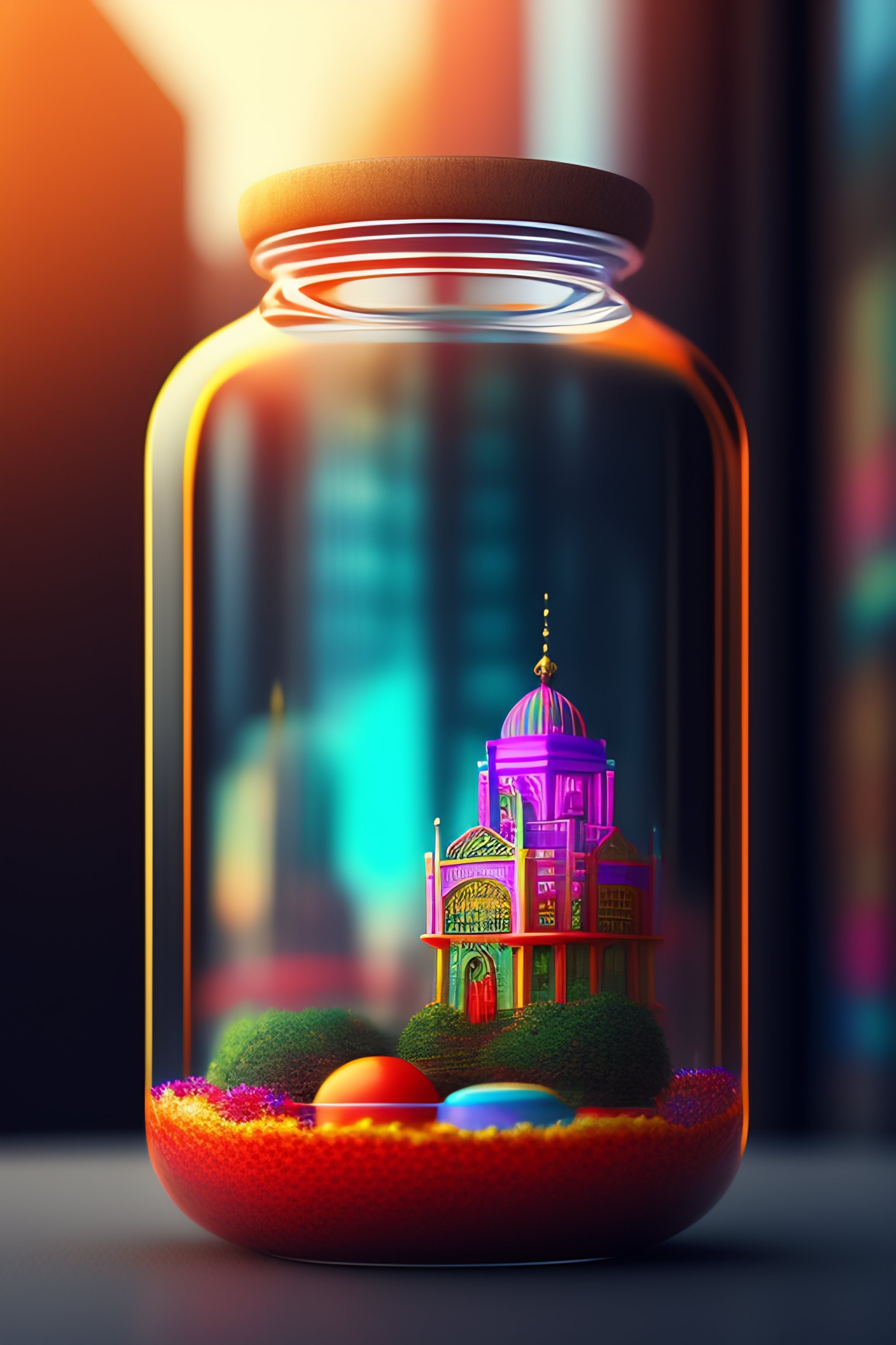 Lexica - Glass jar, inside is a vibrant inside a cute little lady in a ...