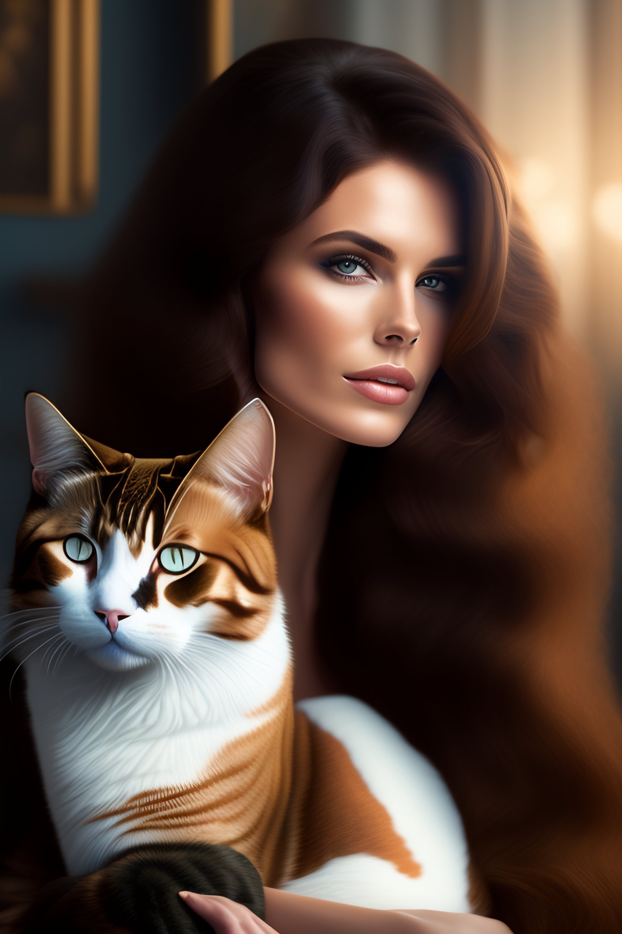 Lexica - Brunette woman with amazing hair holding a beautiful cat