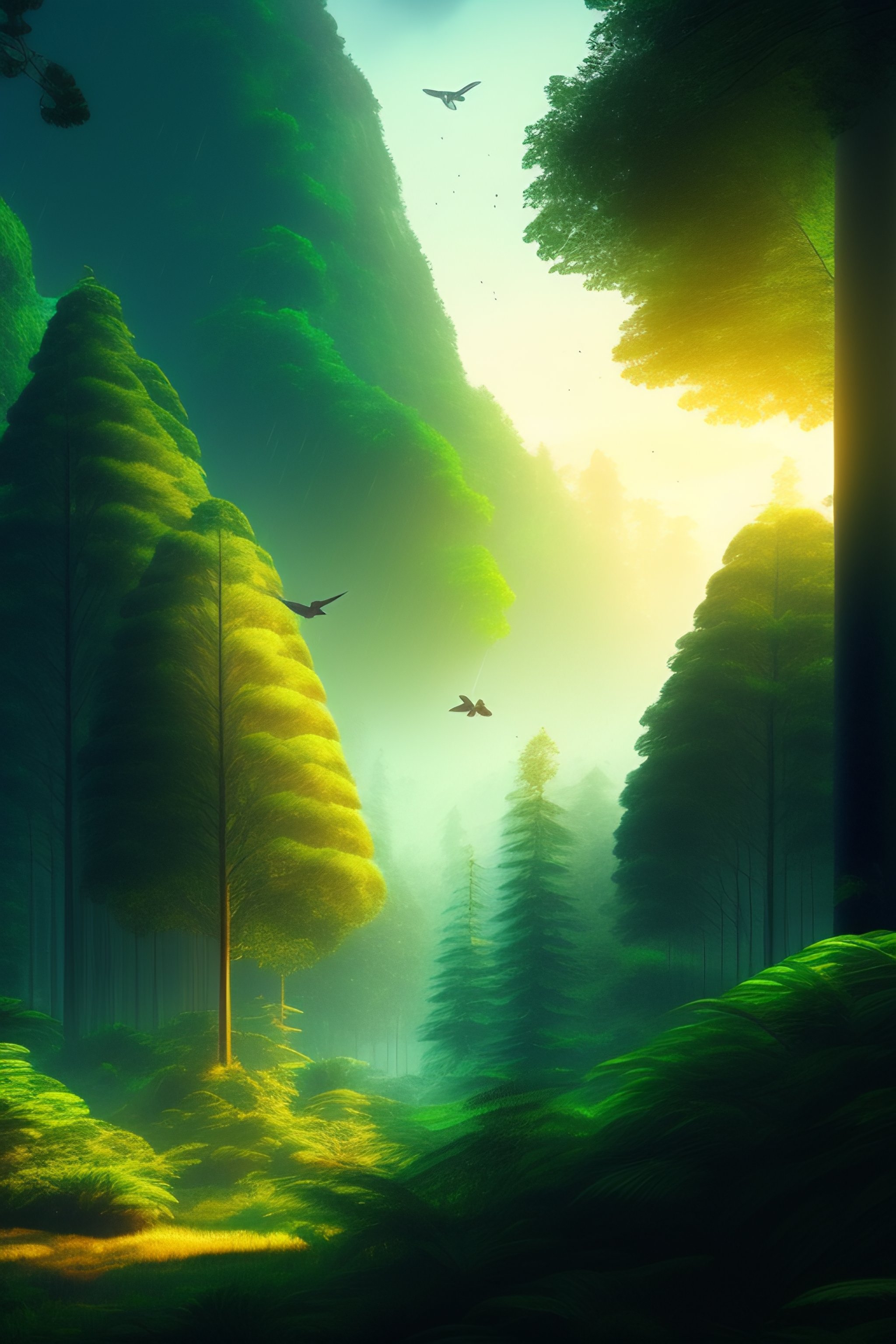 Lexica - A thick rain forest with lush tall green trees, photograph ...