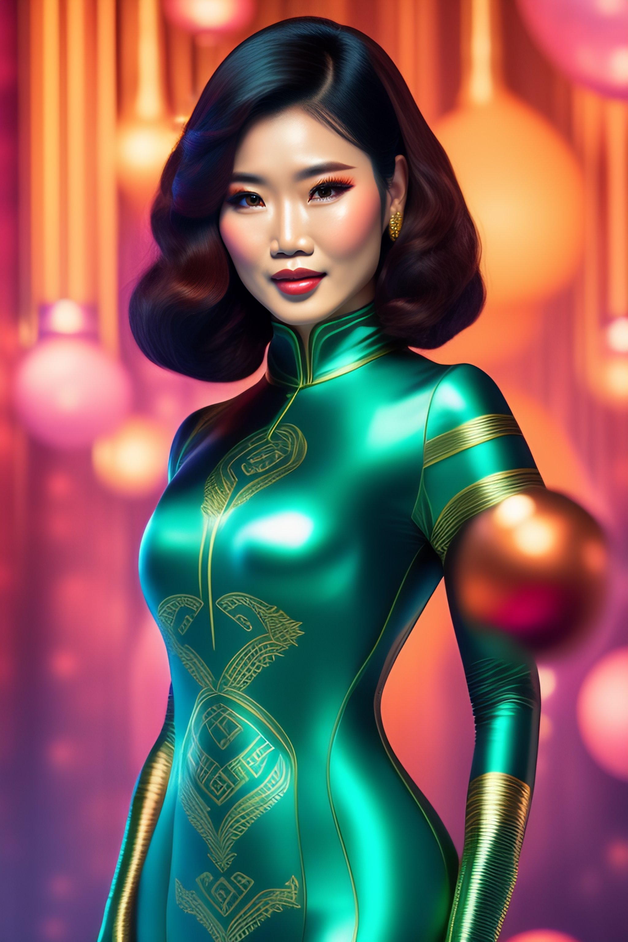 Lexica - Alien wearing tight chongsam with text LEXICA