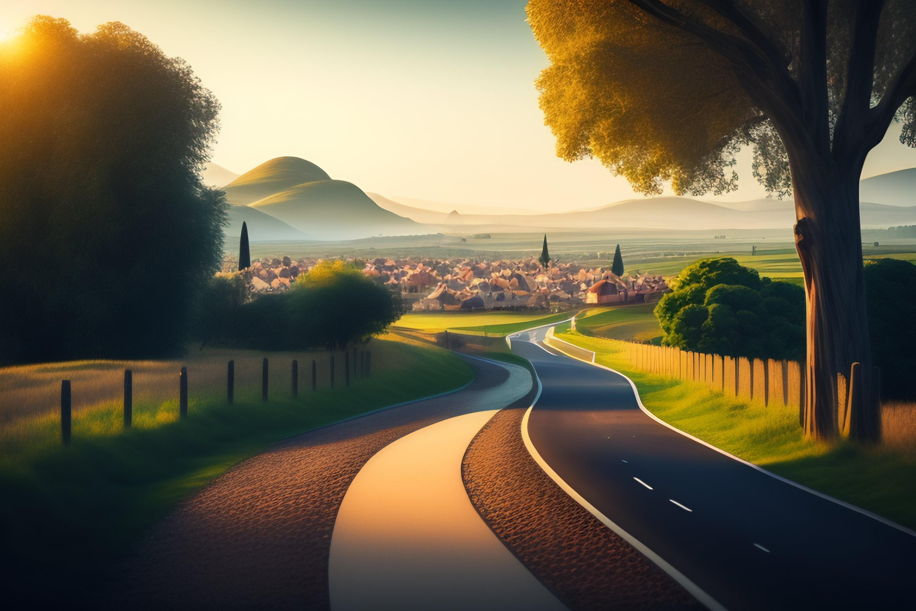 Lexica - Landshape with very linear road and town in background