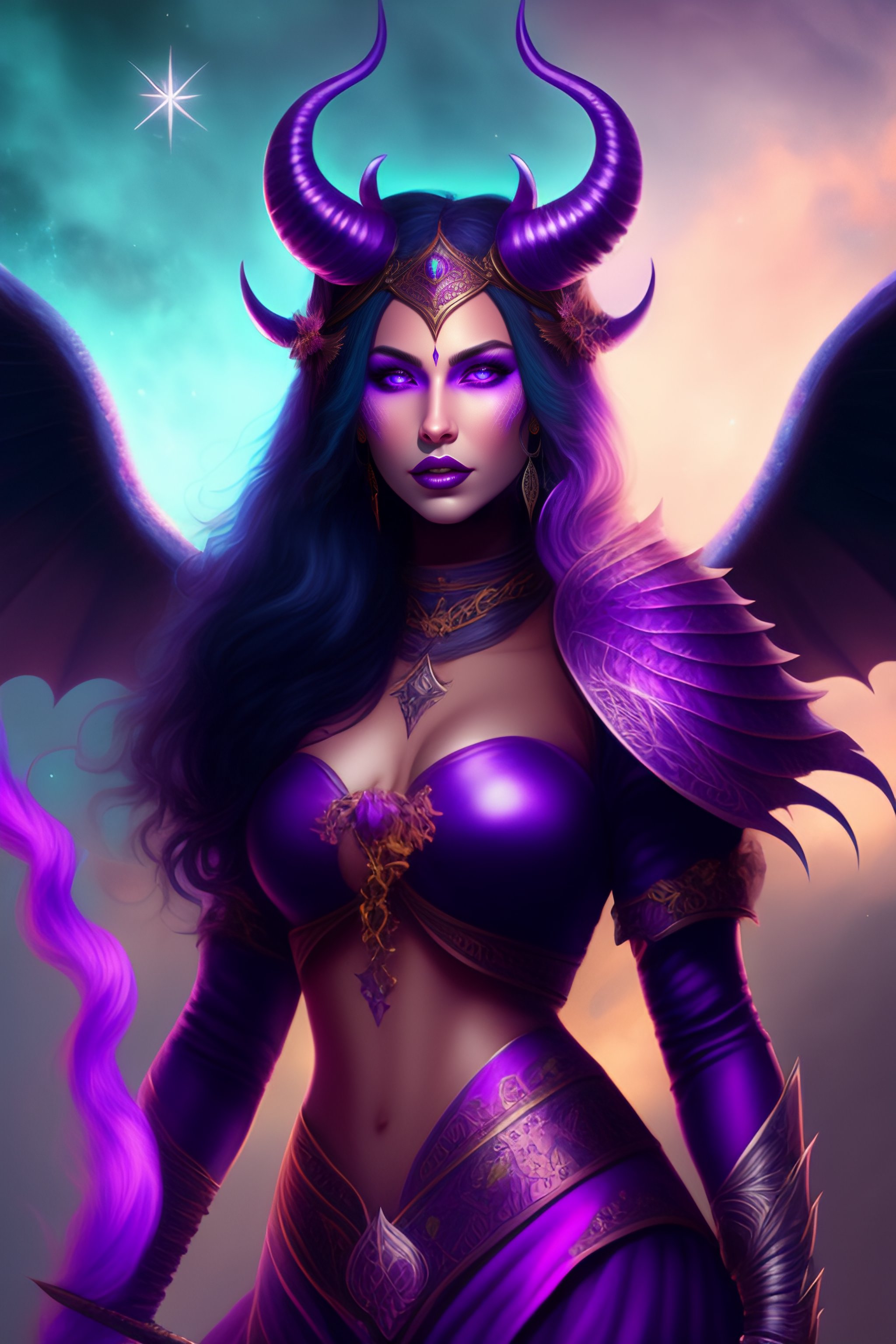 Lexica - Devil purple tiefling woman purple skin dark black hair ocean blue eyes sorcerer ...