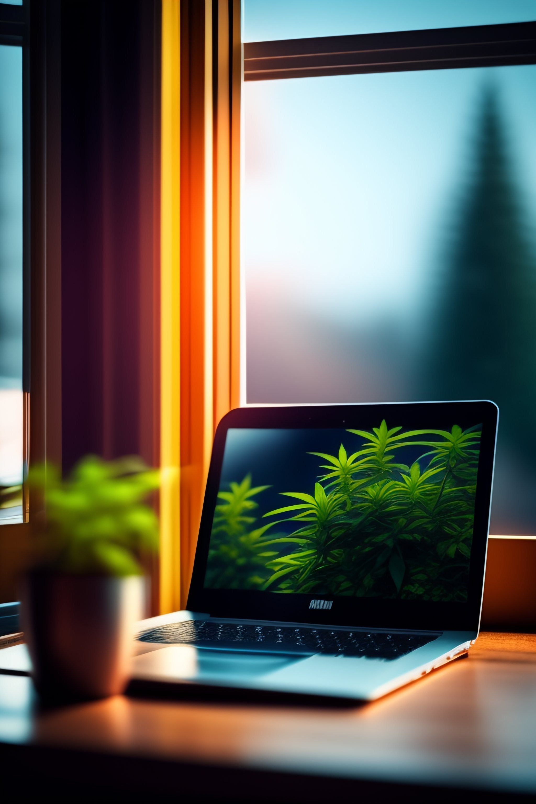 Lexica - Detailed photo of a laptop sitting on a desk next to a window ...