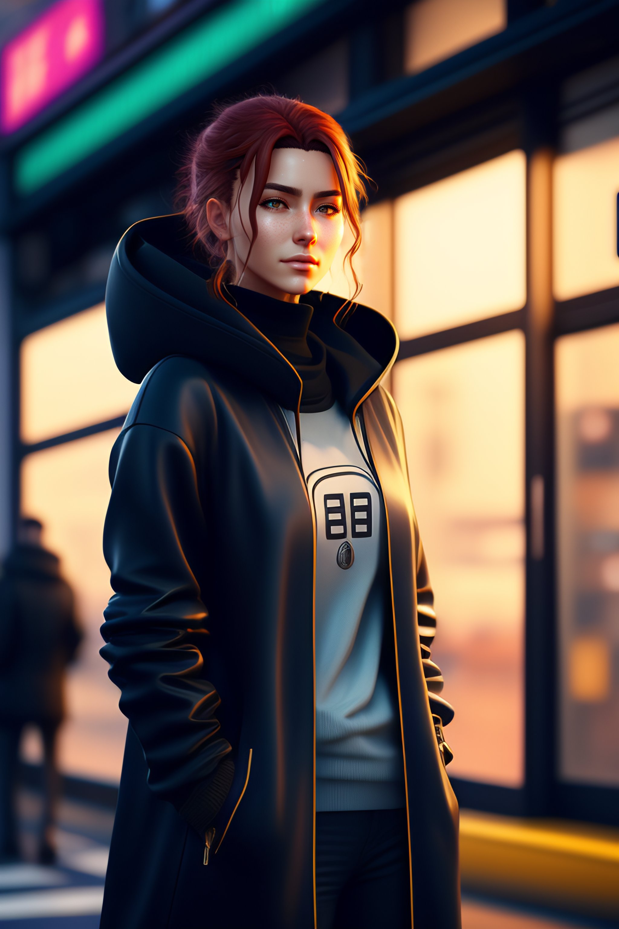 Lexica - Cyberpunk city setting. Realistic young anime white woman ...