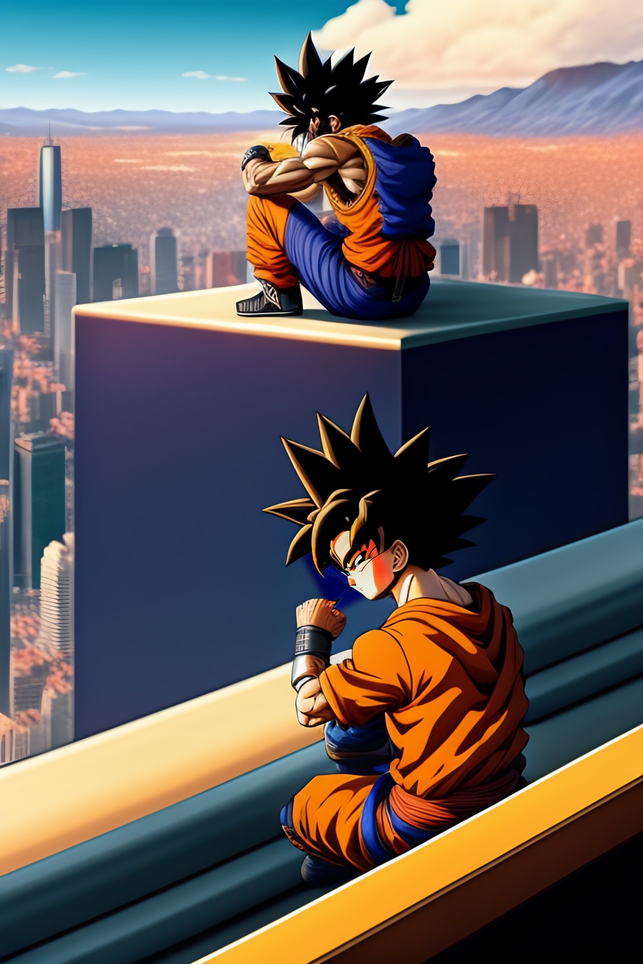 Lexica - Goku sitting on a roof looking down at a city below, extremely ...
