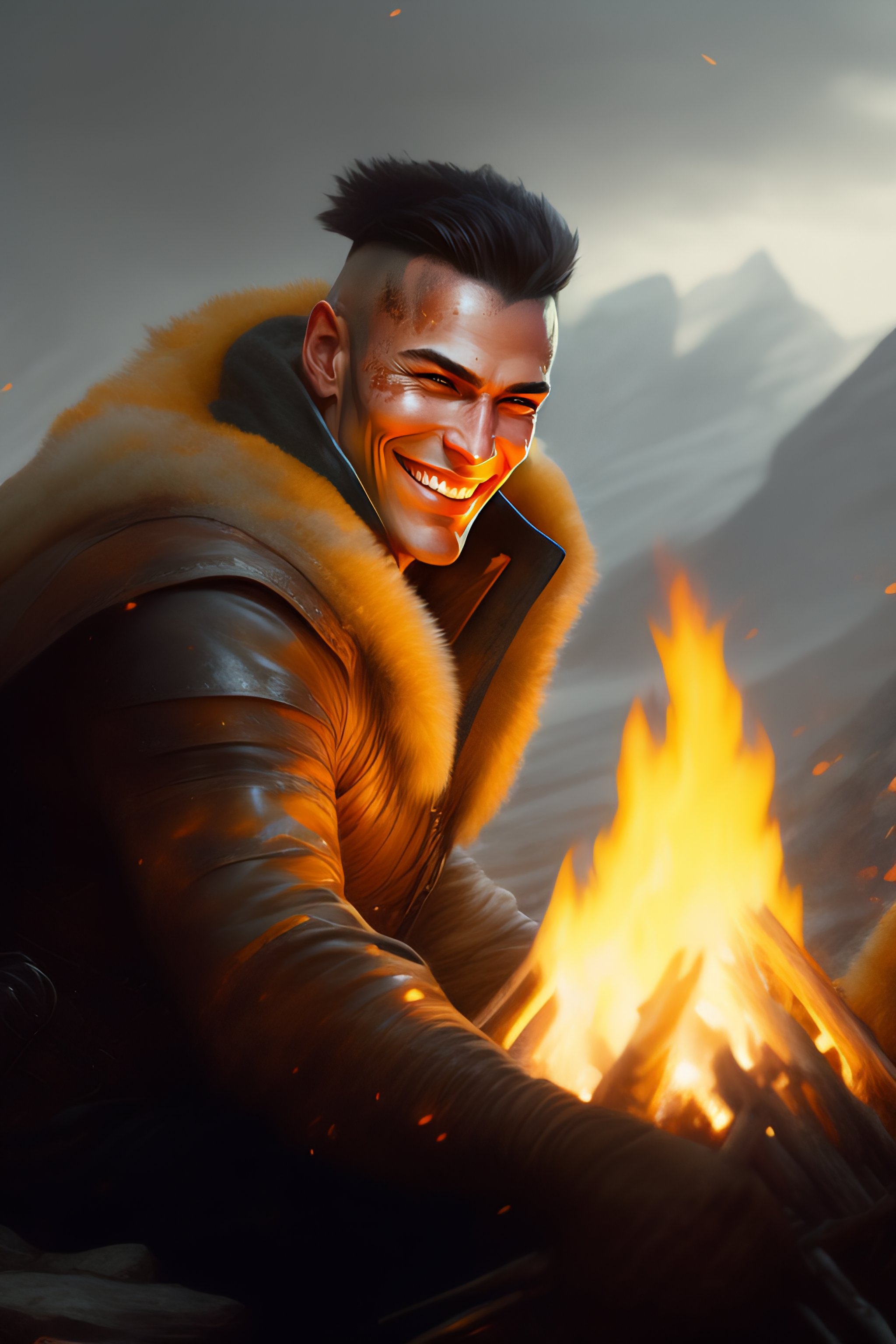 Lexica - Bald clean-shaven beowulf sitting by a campfire and laughing ...